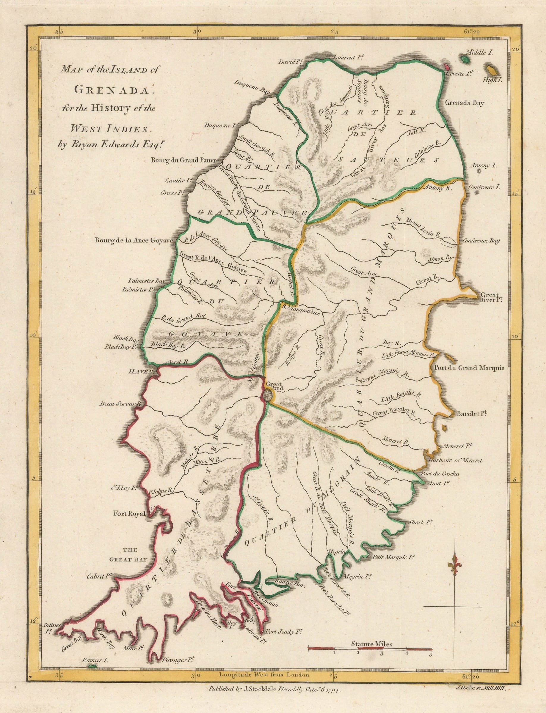 Bryan Edwards, Grenada divided into quartiers, 1794 | The Map House