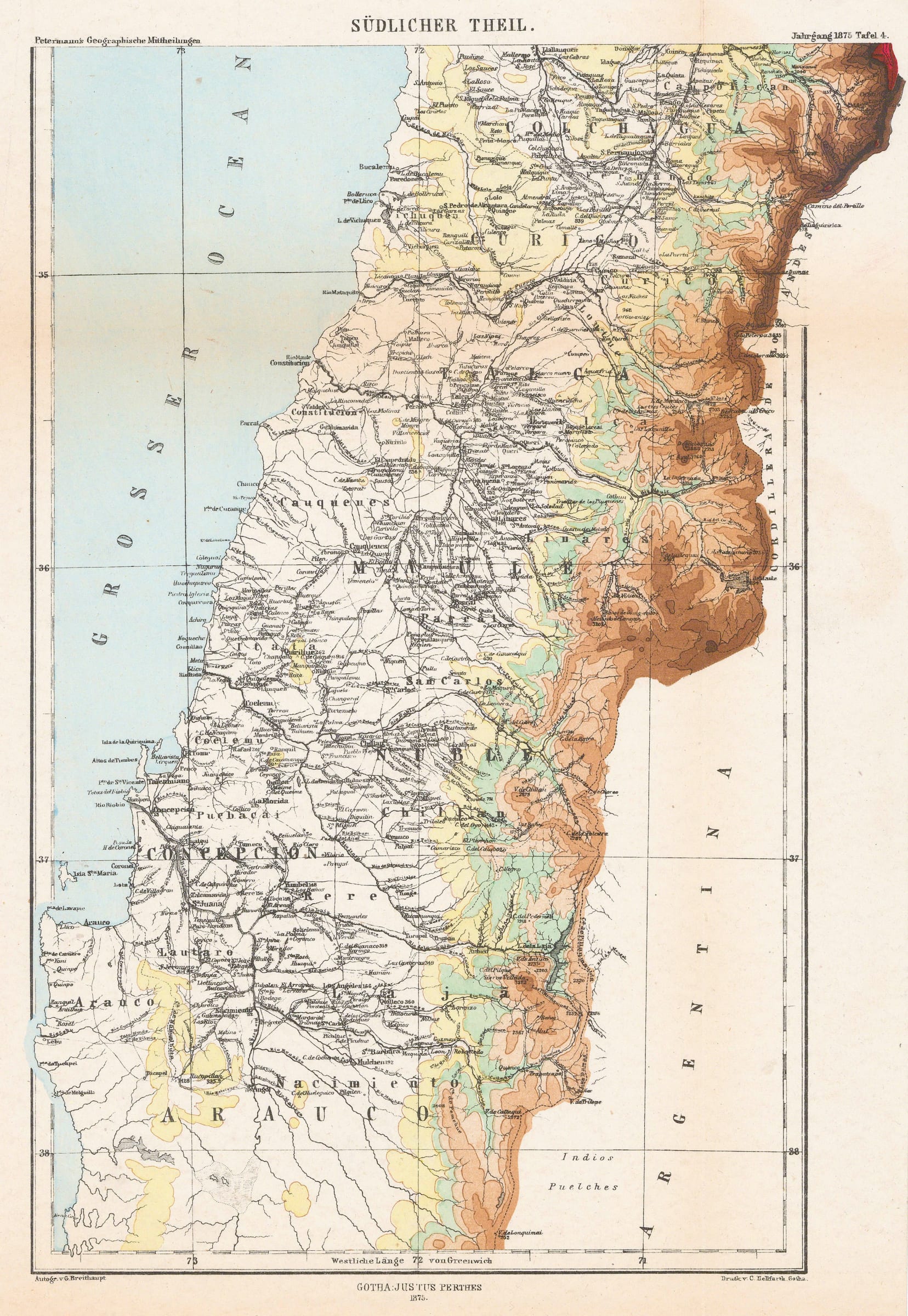 Justus Perthes, Central Chile, 1875 | The Map House
