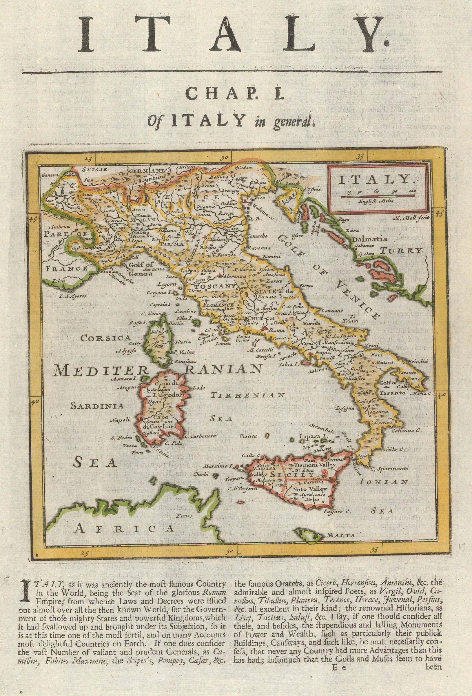 Herman Moll, Italy, Sicily, Sardinia and Corsica, 1723 | The Map House