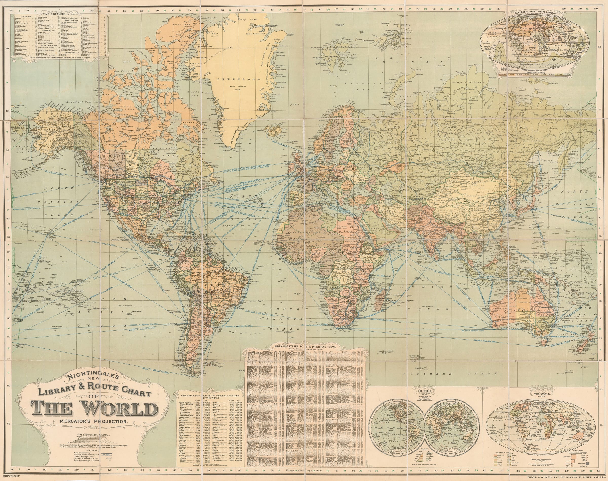 George W. Bacon, Nightingale's New Library & Route Chart of the World ...