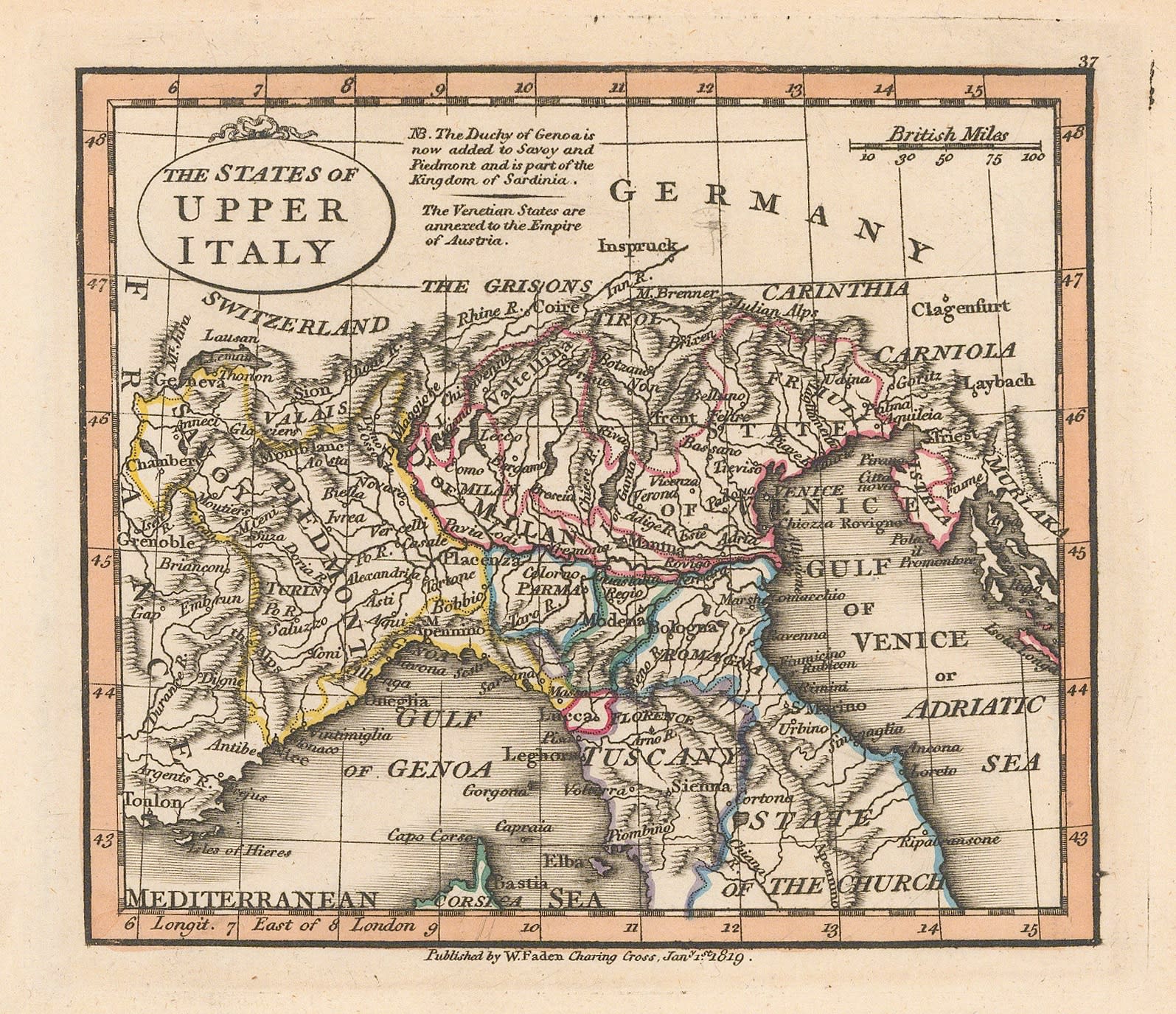 William Faden, The States of Upper Italy, 1819 | The Map House