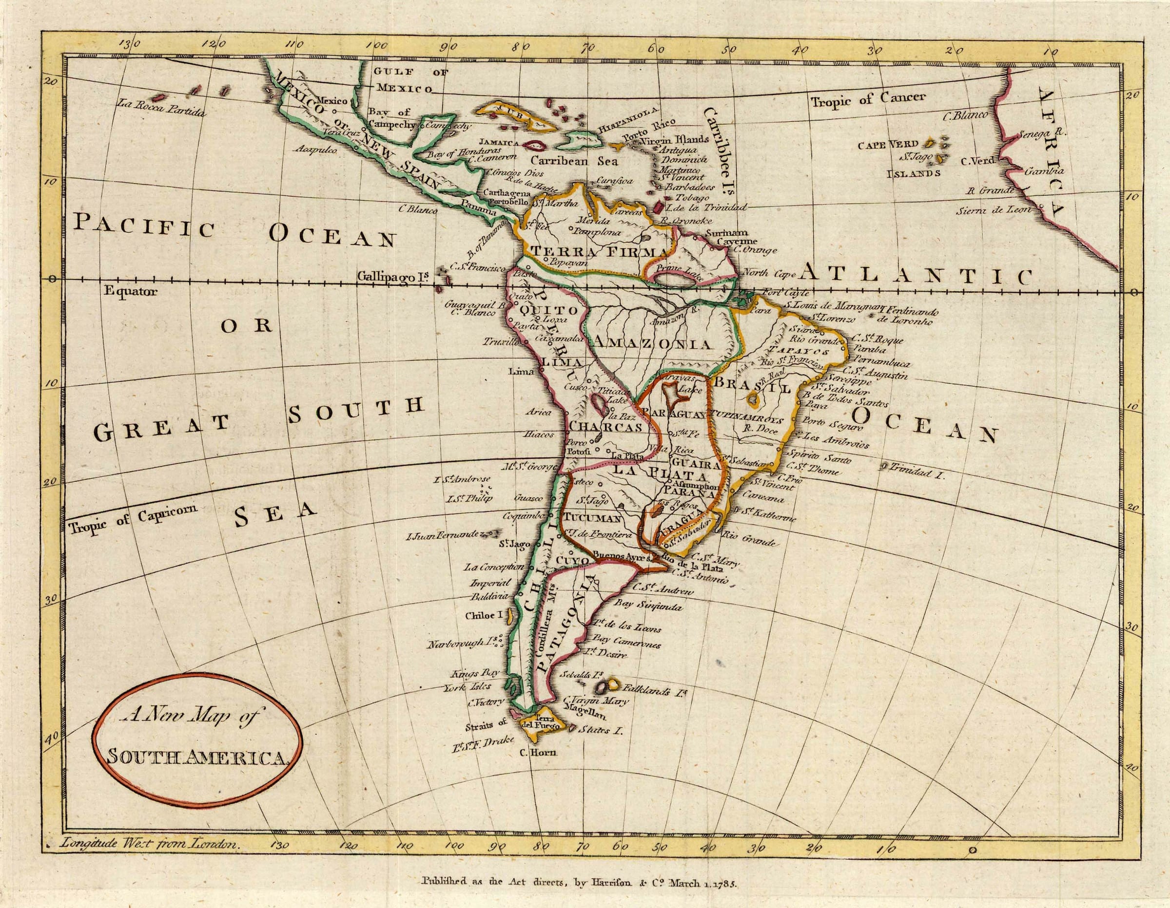 John Harrison, South America with political divisions, 1785 | The Map House