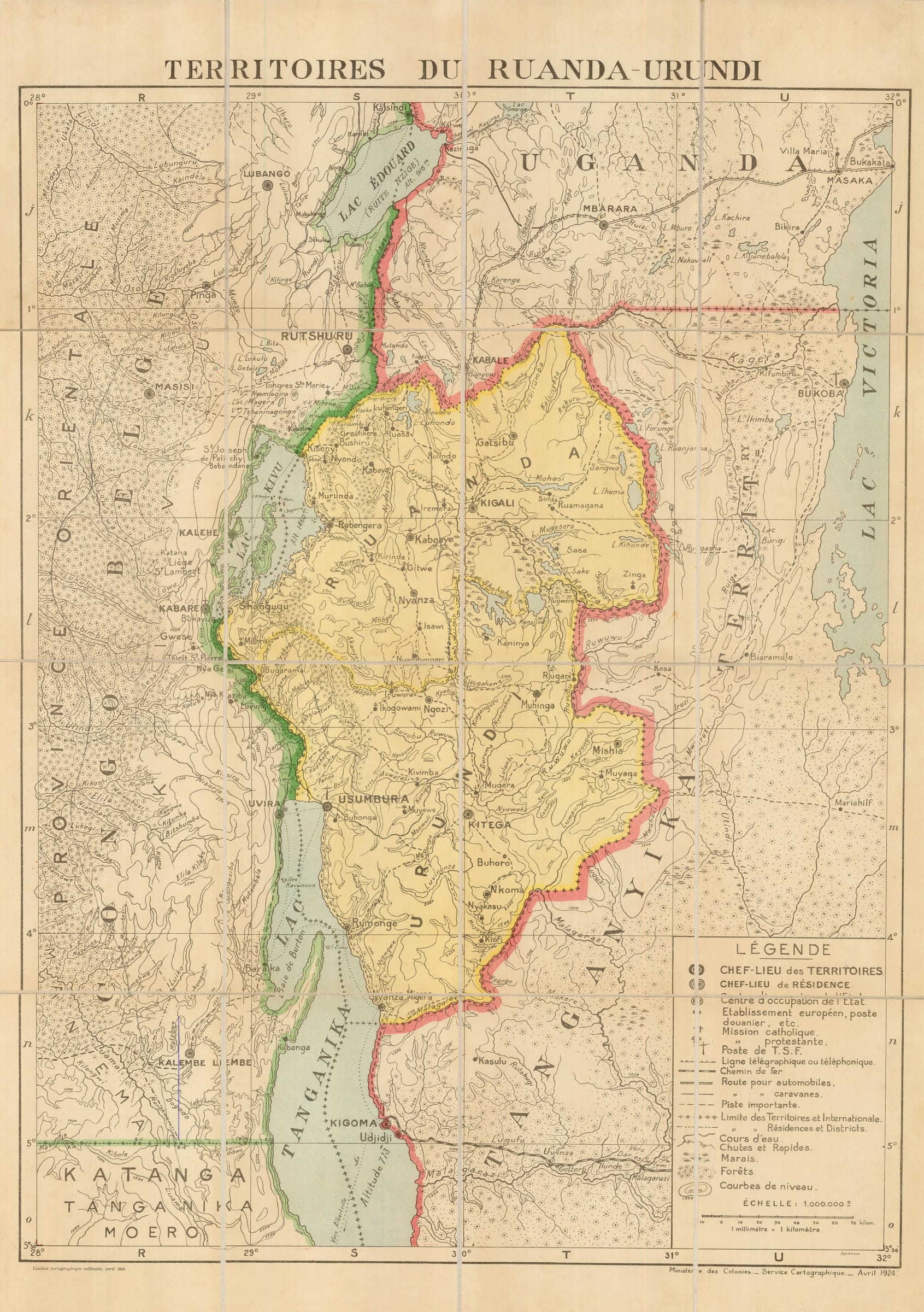 Ministère des Colonies, Rare folding map of Rwanda and Burundi, 1924 ...