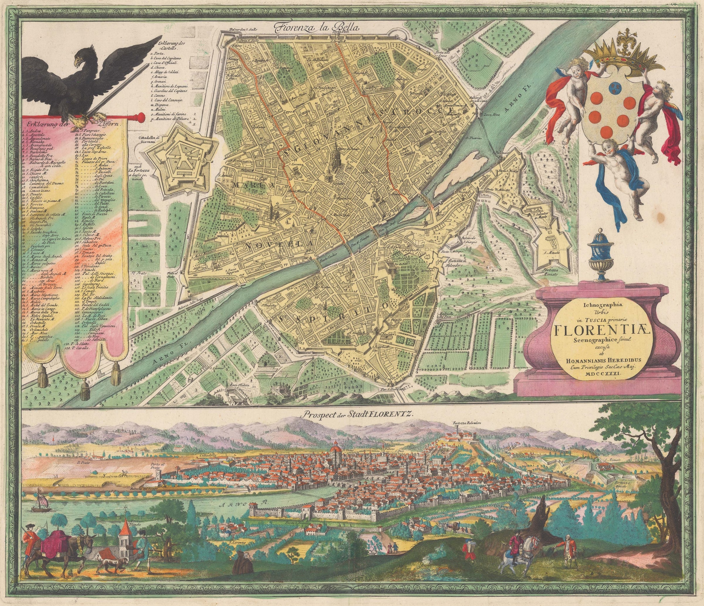 Homann Heirs, City plan and panorama of Florence, 1731 | The Map House