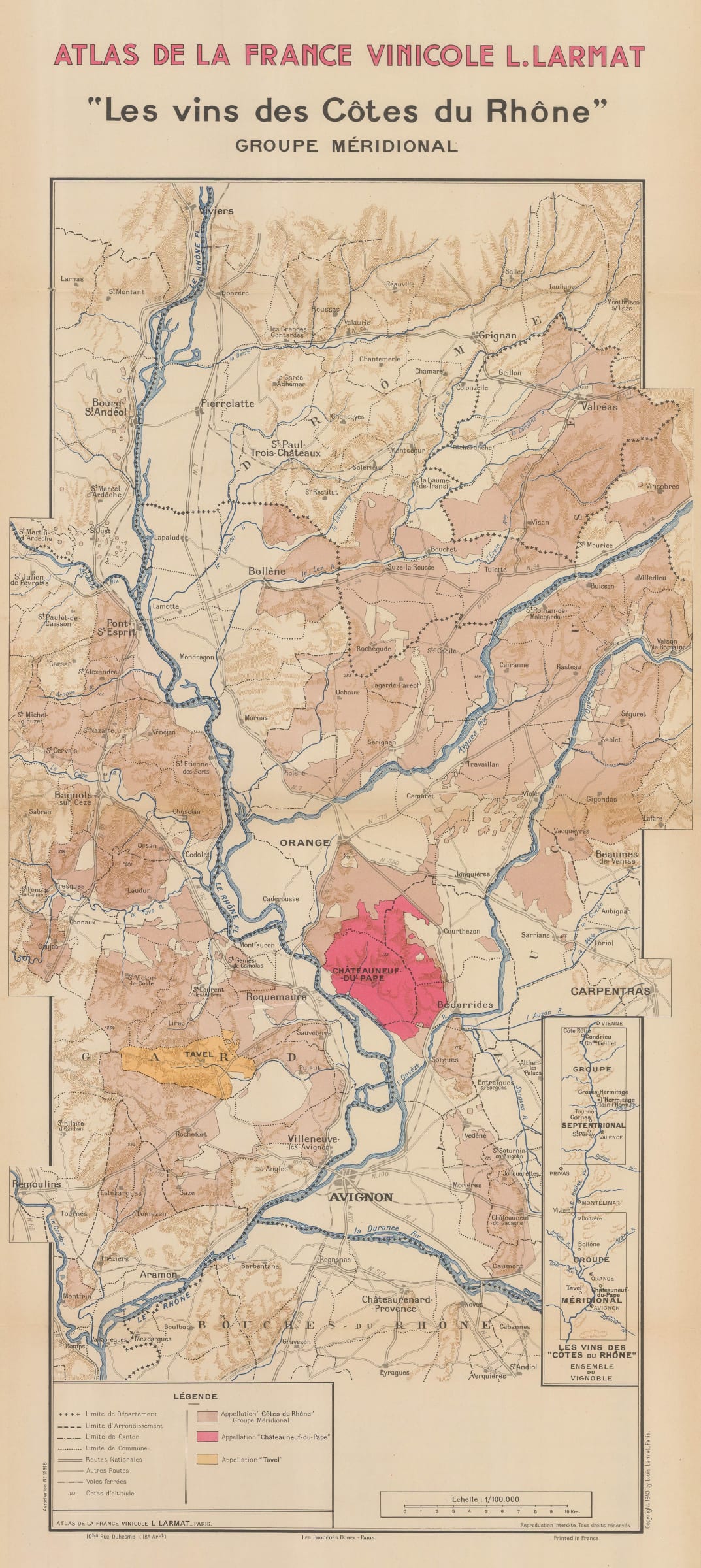 Louis Larmat, Wine map of Châteauneuf-du-Pape and Tavel, Côtes du Rhône ...