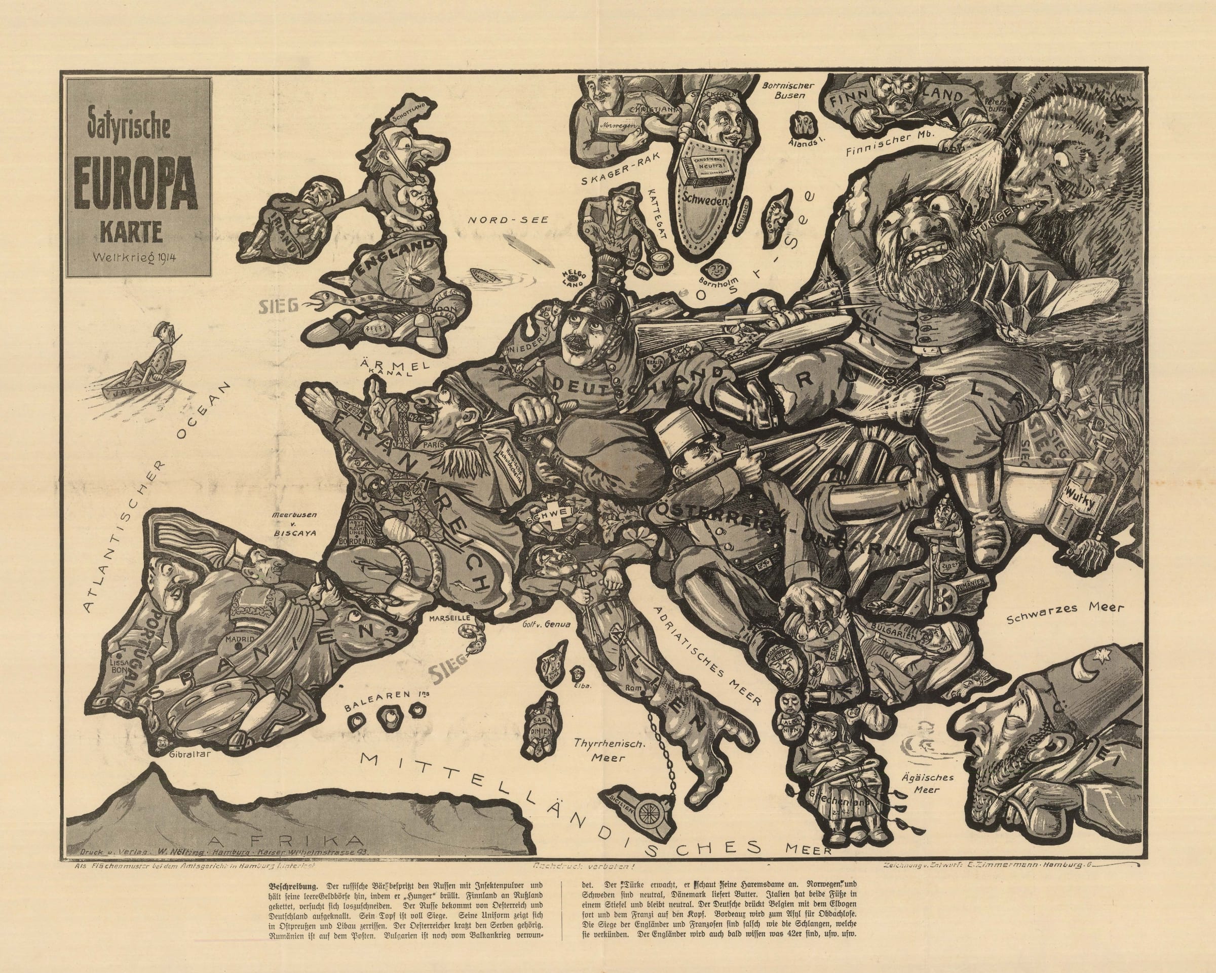 E. Zimmermann, WWI rare German Satirical map of Europe, 1914 | The Map ...