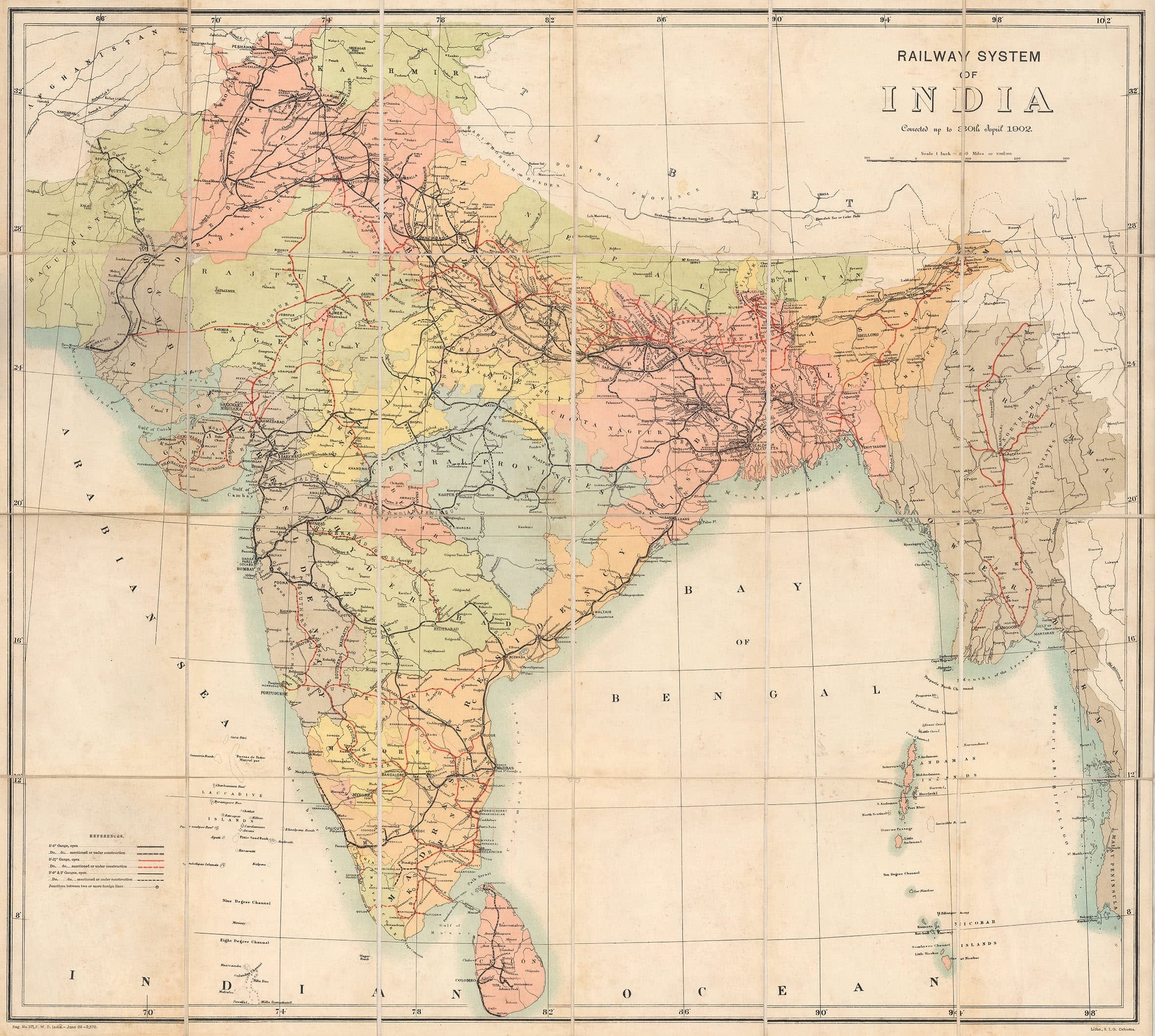 Survey of India, Railway System of India, 1902 | The Map House