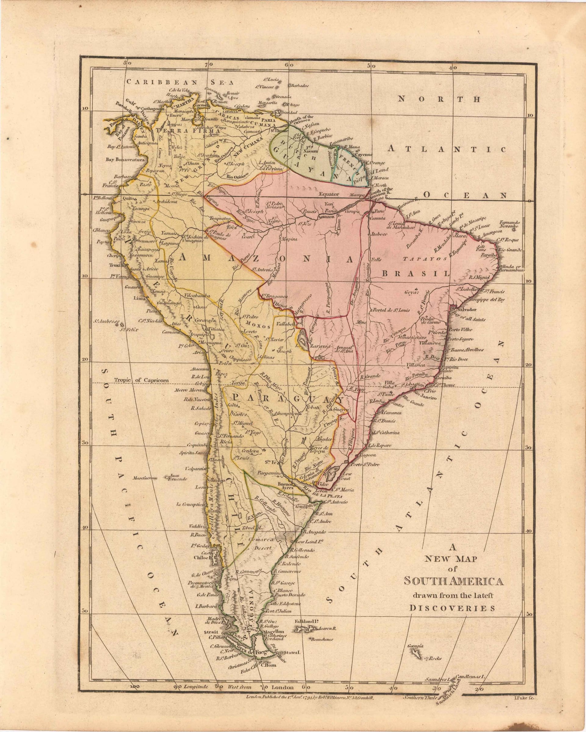 Robert Wilkinson, Miniature map of South America, 1794 | The Map House