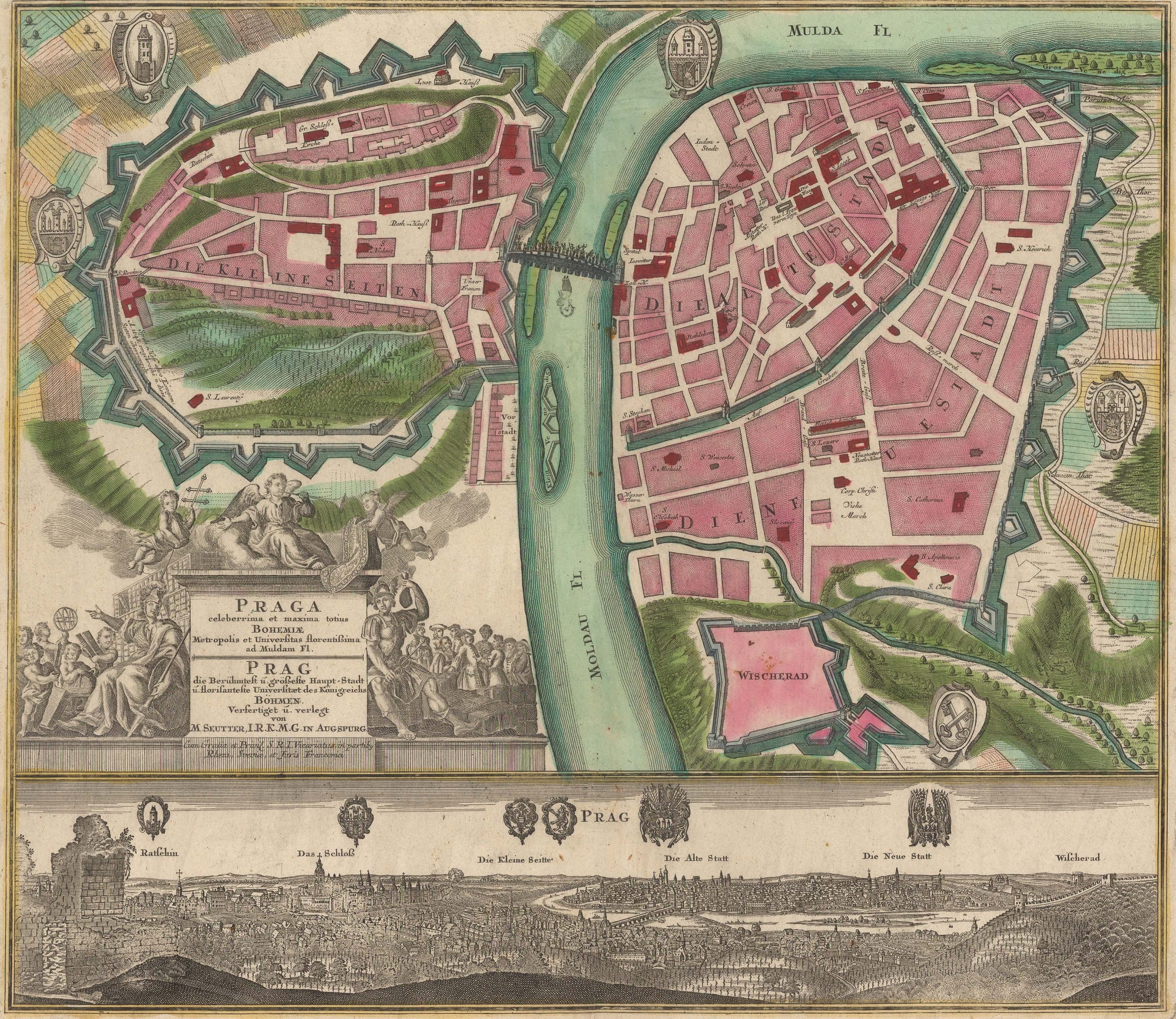 Matthaus Seutter, City plan and panorama of Prague, 1740 c. | The Map House