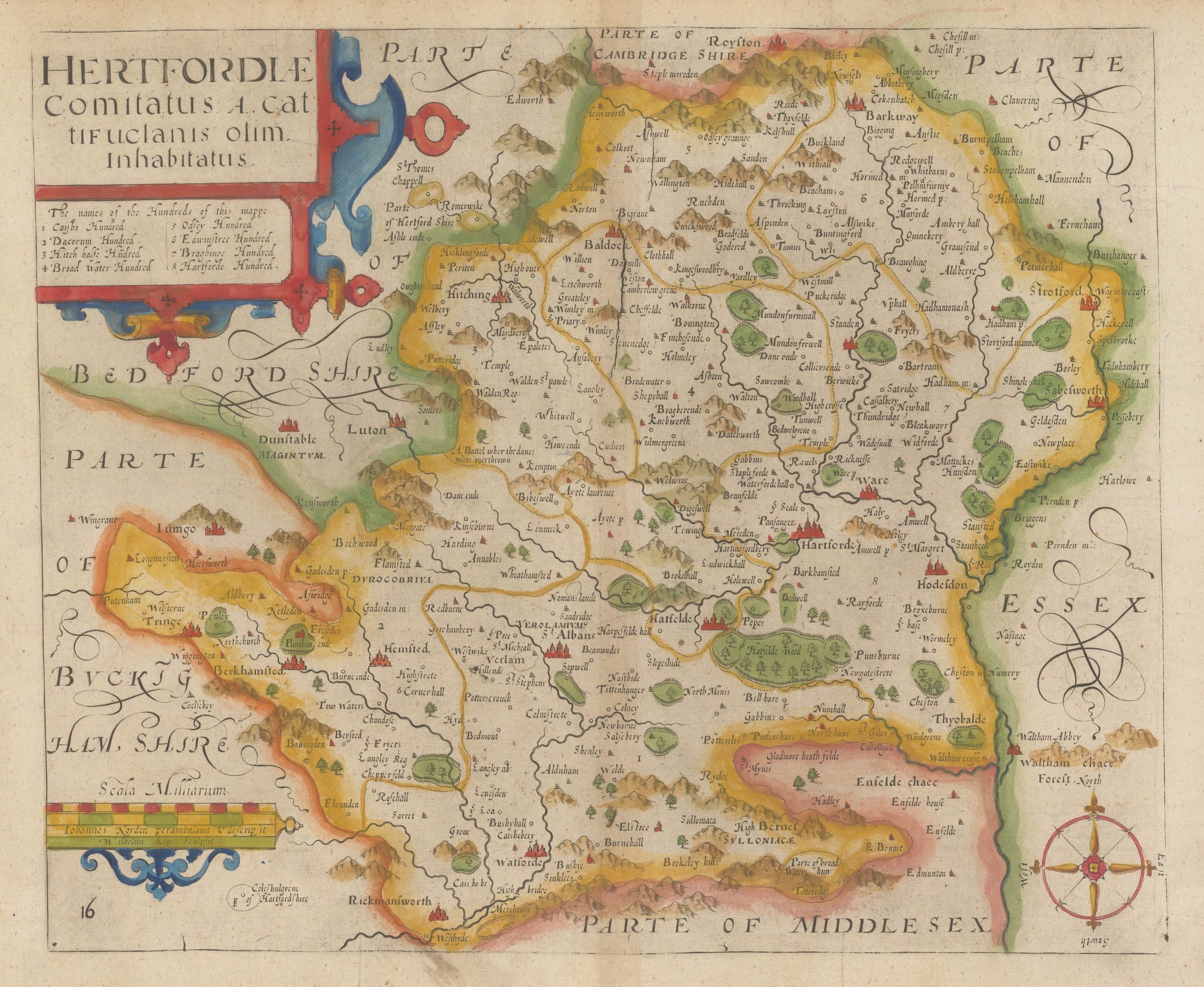John Norden & William Kip, Hertfordiae, 1637 | The Map House