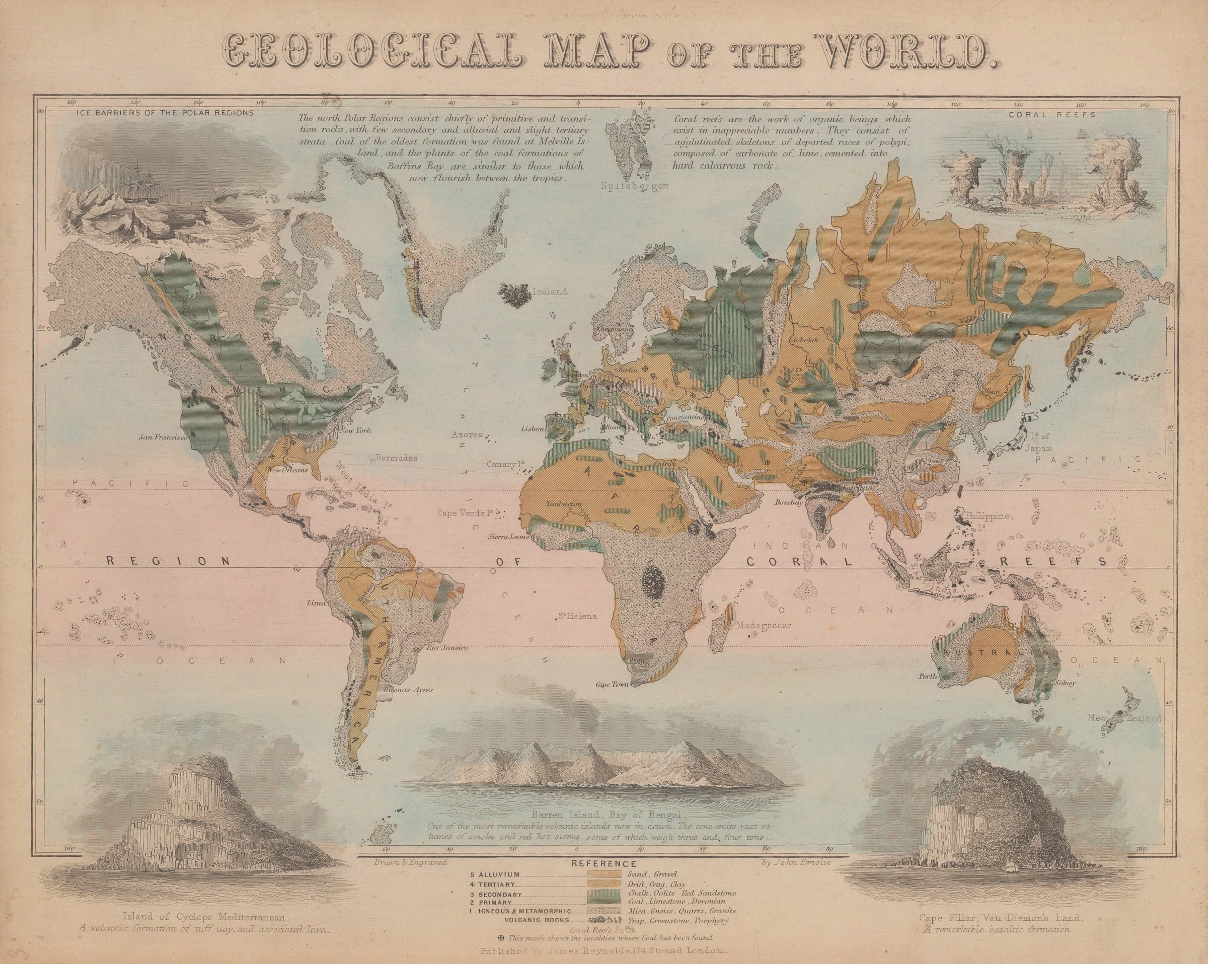 James Reynolds, Geological Map of the World, 1850 c | The Map House