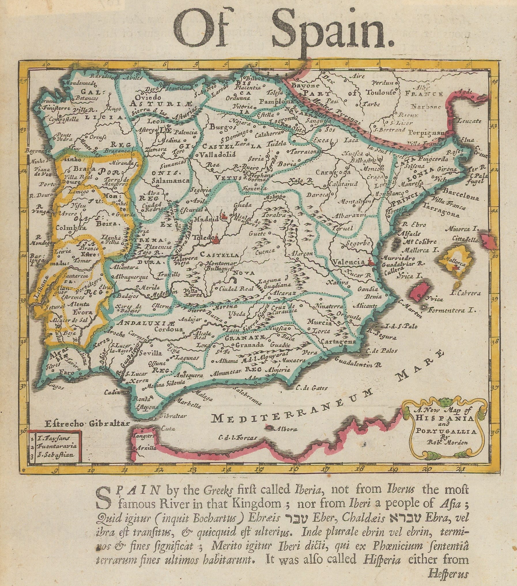 Robert Morden, Miniature map of Spain and Portugal, 1688 | The Map House