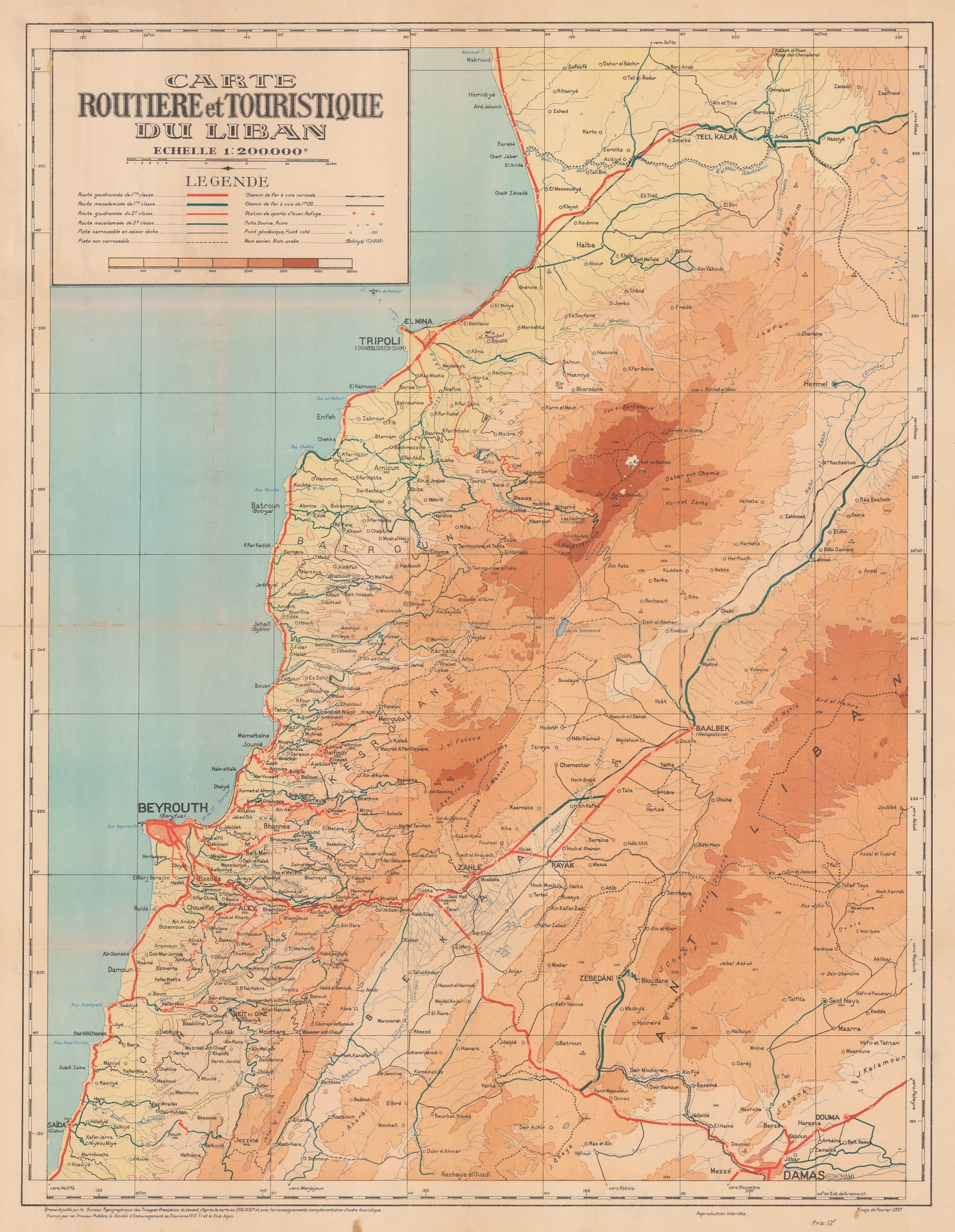 Bureau Topographique, Vintage road map of Lebanon, 1937 | The Map House