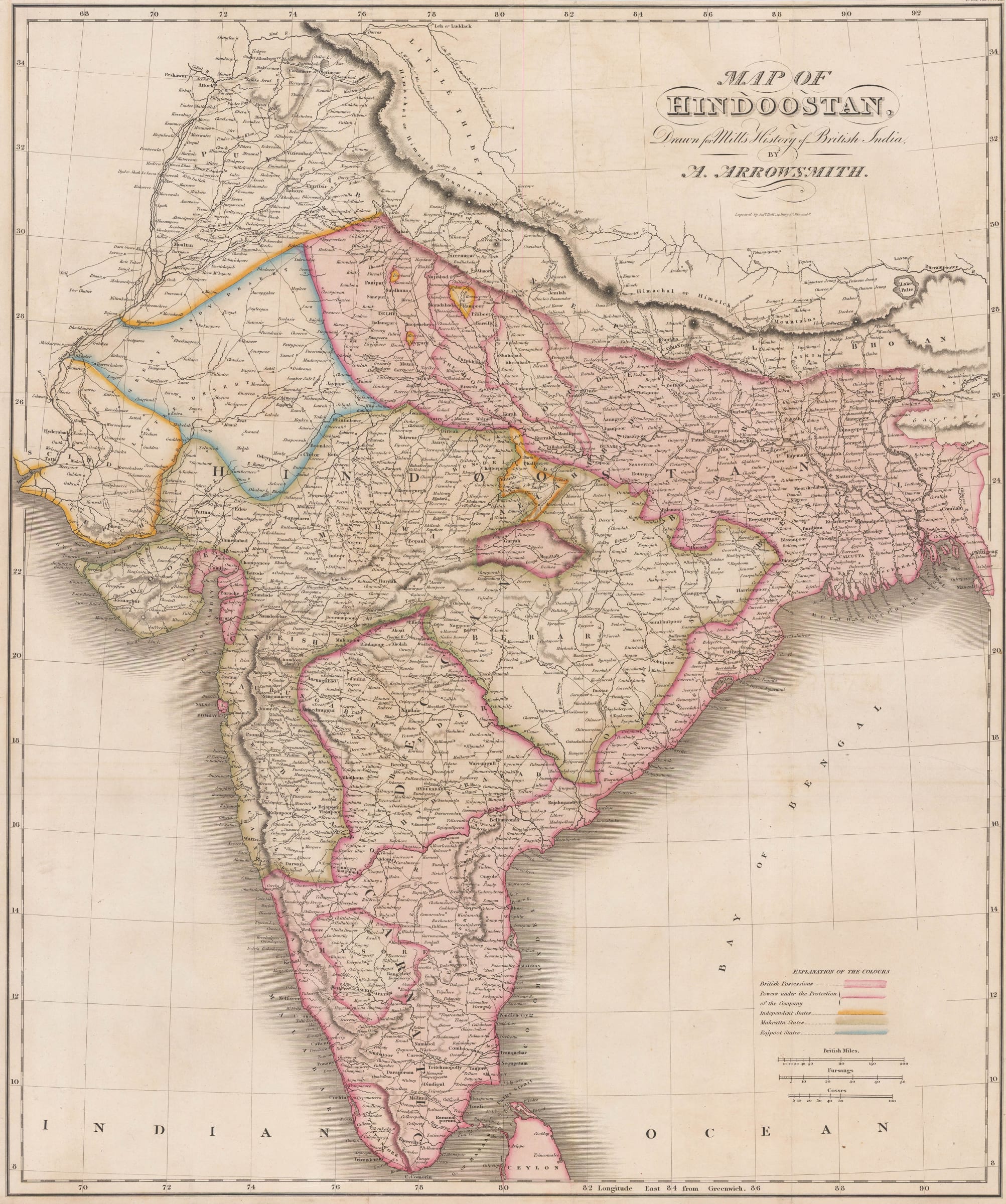 Aaron Arrowsmith, Map of Hindoostan, Drawn for Mill's History of British India, 1817 | The Map House