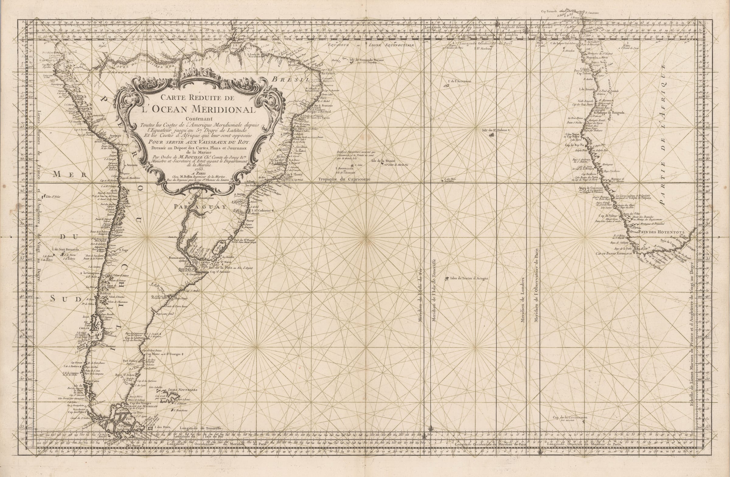 Jacques-Nicolas Bellin, French sea chart of the South Atlantic, 1753 ...