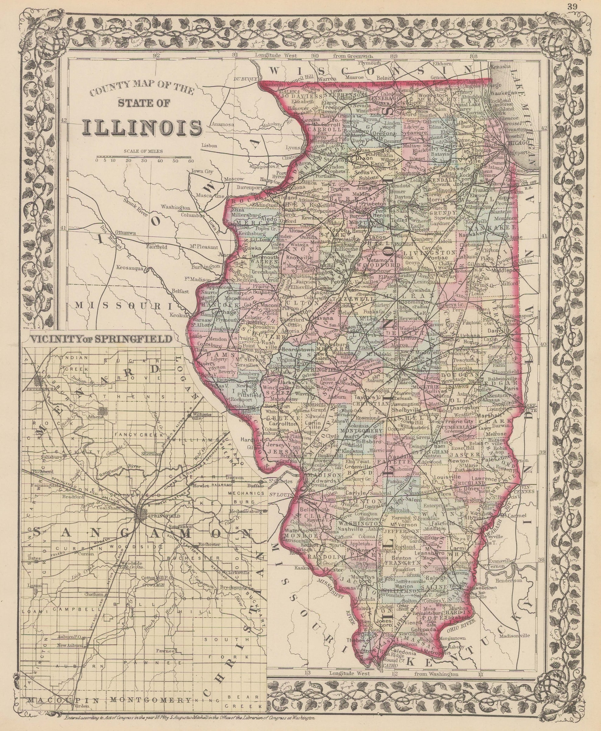 Samuel Augustus Mitchell, County Map of the State of Illinois, 1874 ...