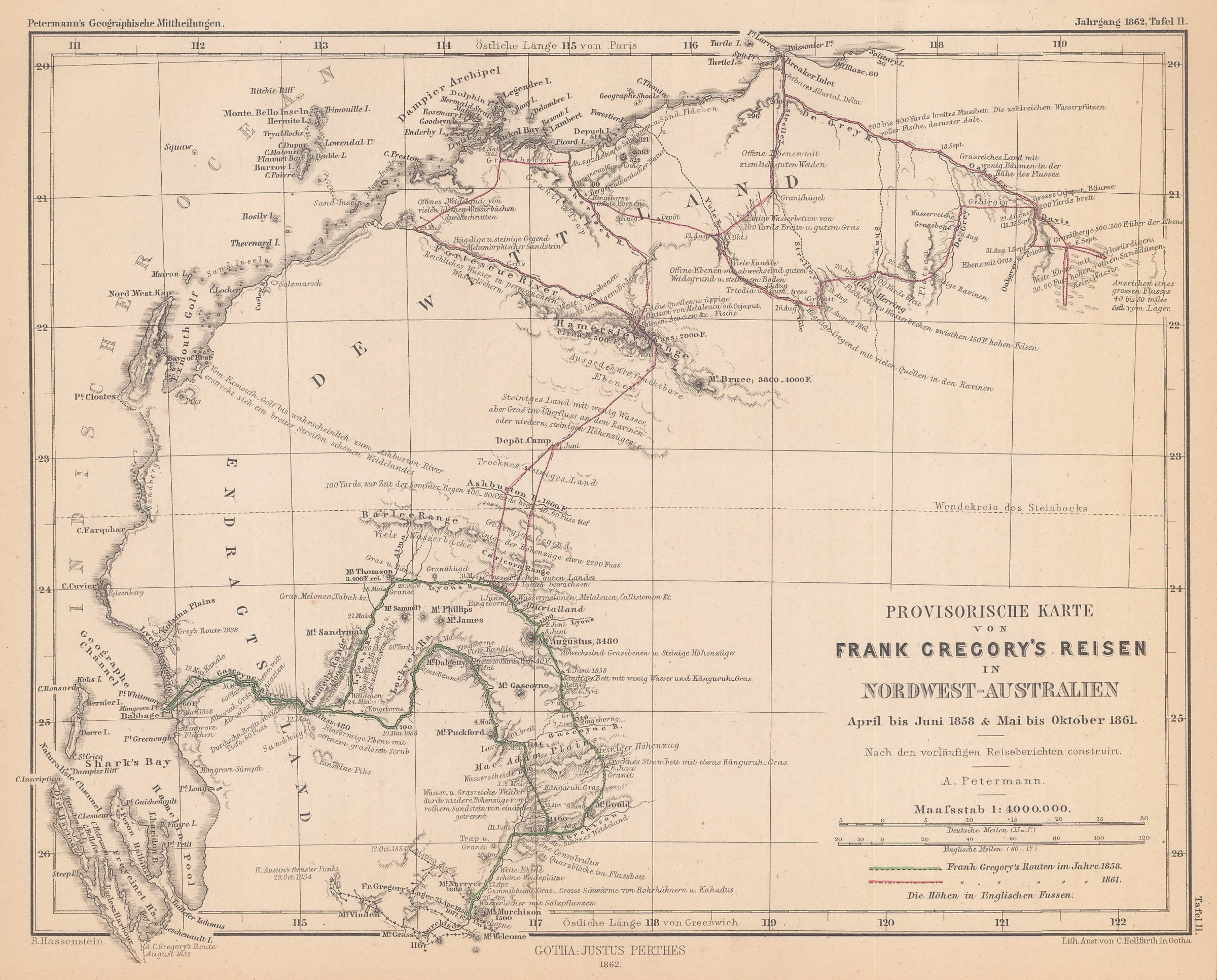 Justus Perthes, Routes of explorer Frank Gregory through northwest ...