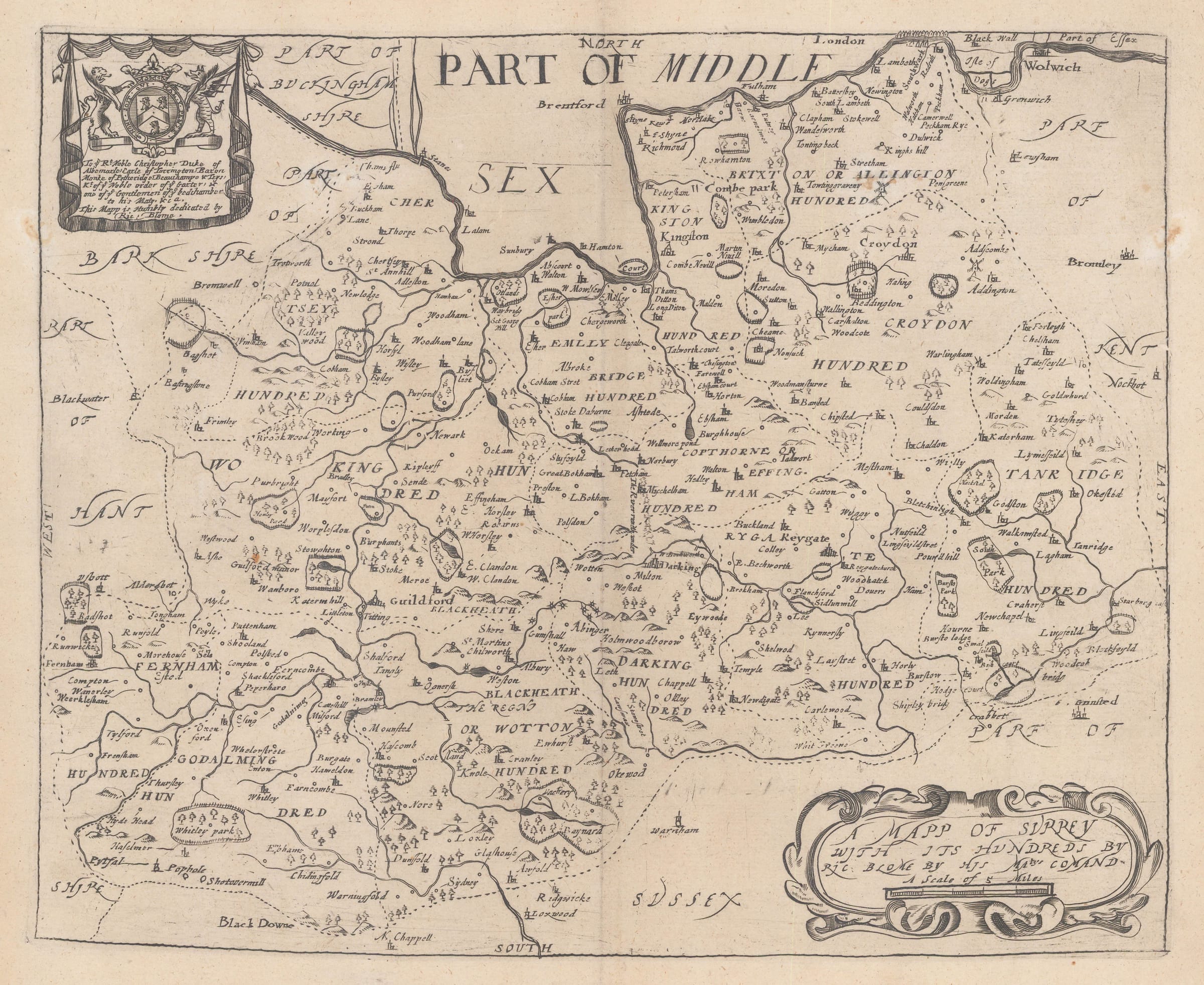 Richard Blome, A Mapp of Surrey with its Hundreds, 1673 | The Map House