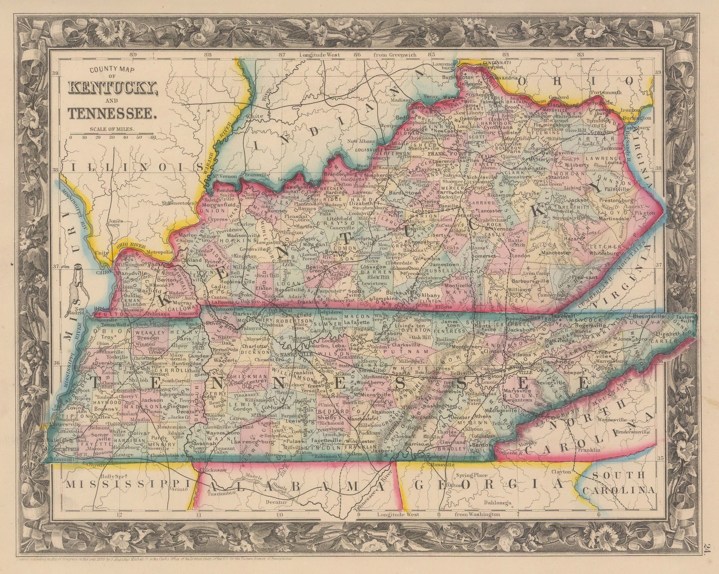 Samuel Augustus Mitchell, County Map of Kentucky and Tennessee, 1860 ...