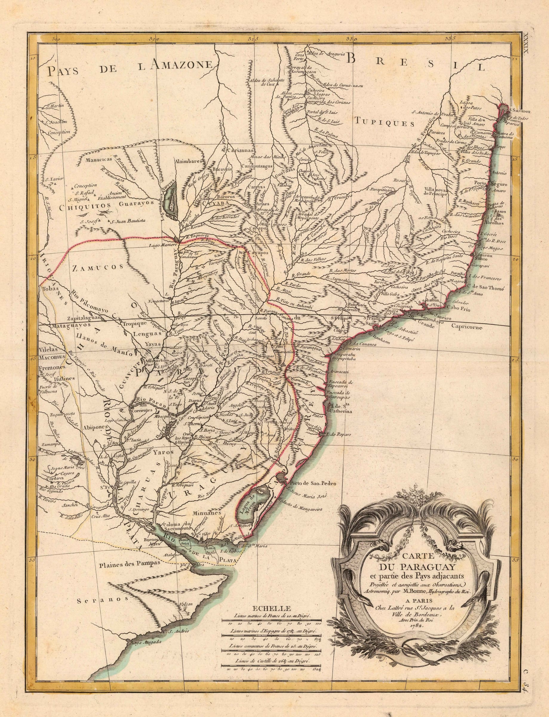 Rigobert Bonne, Paraguay, Uruguay and Southern Brazil, 1782 | The Map House
