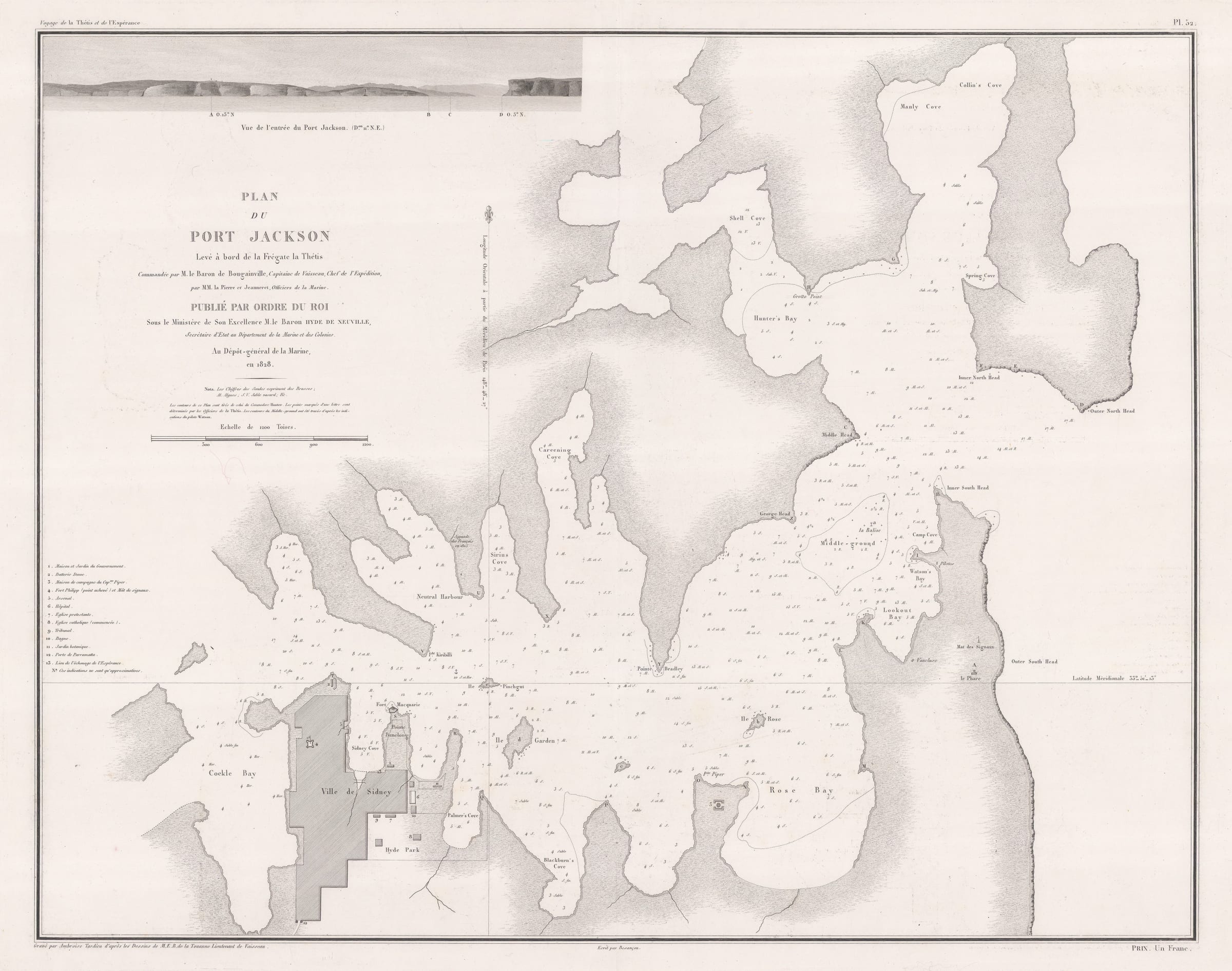 Baron Hyacinthe de Bougainville, Important plan of Port Jackson, 1828 ...