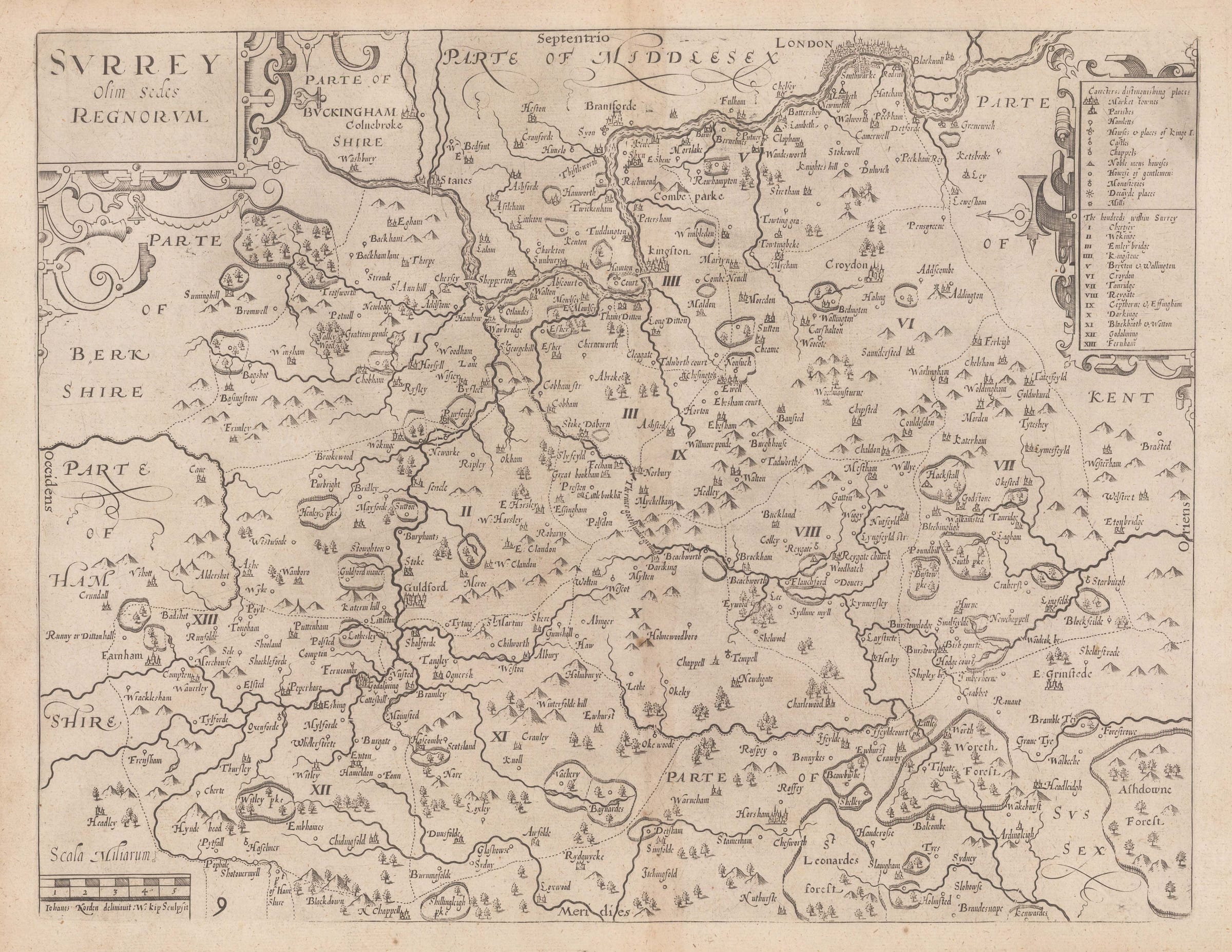 John Norden & William Kip, Surrey Olim Sedes Regnorum, 1637 | The Map House