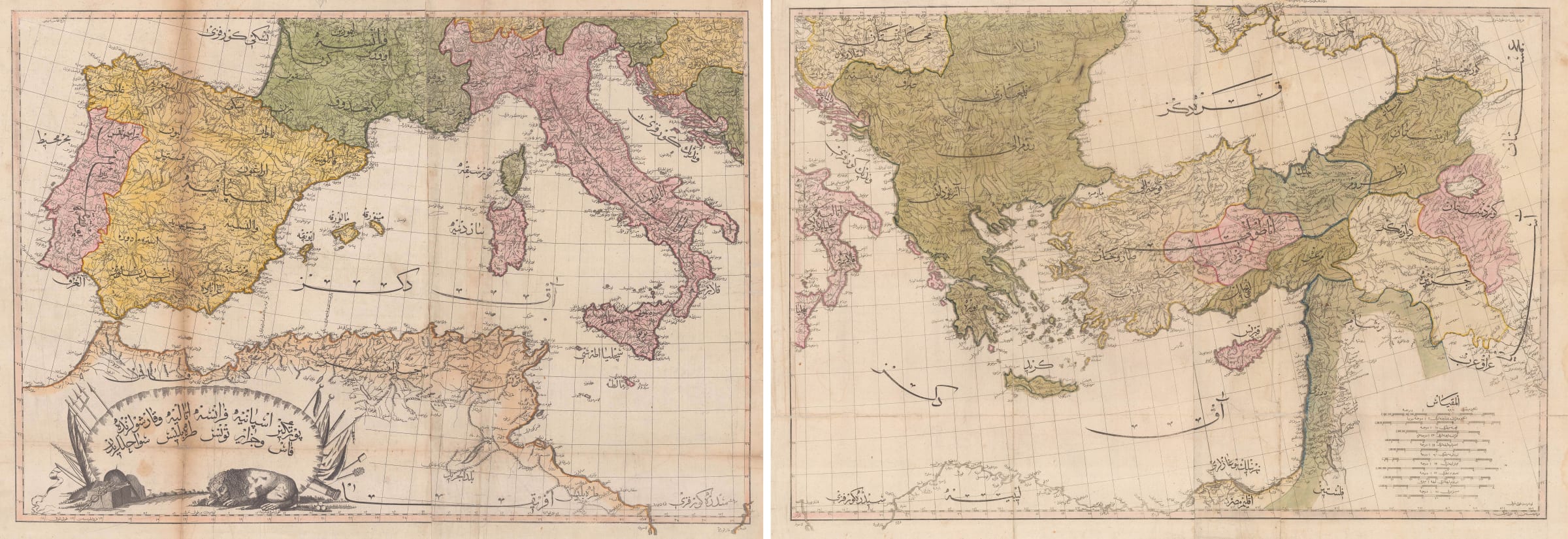 Mahmoud Raif Efendi, Rare Two-Sheet Ottoman Map of the Mediterranean ...