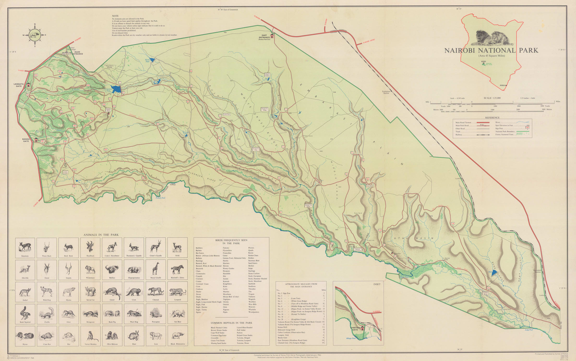 Survey of Kenya, Map of Nairobi National Park with a list of Bird and ...