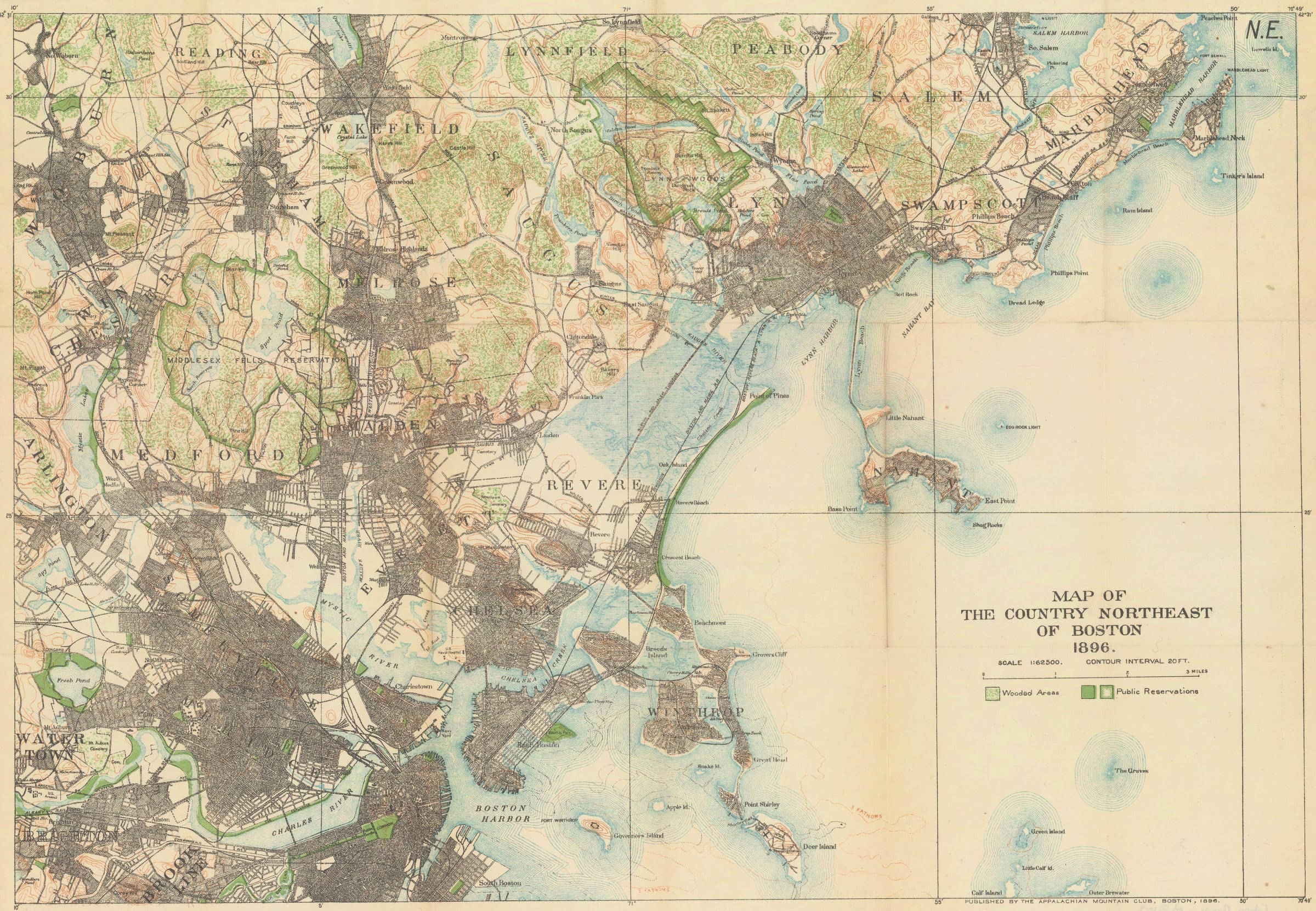 Edwin Munroe Bacon, Map of the Country Northeast of Boston, 1896 | The ...