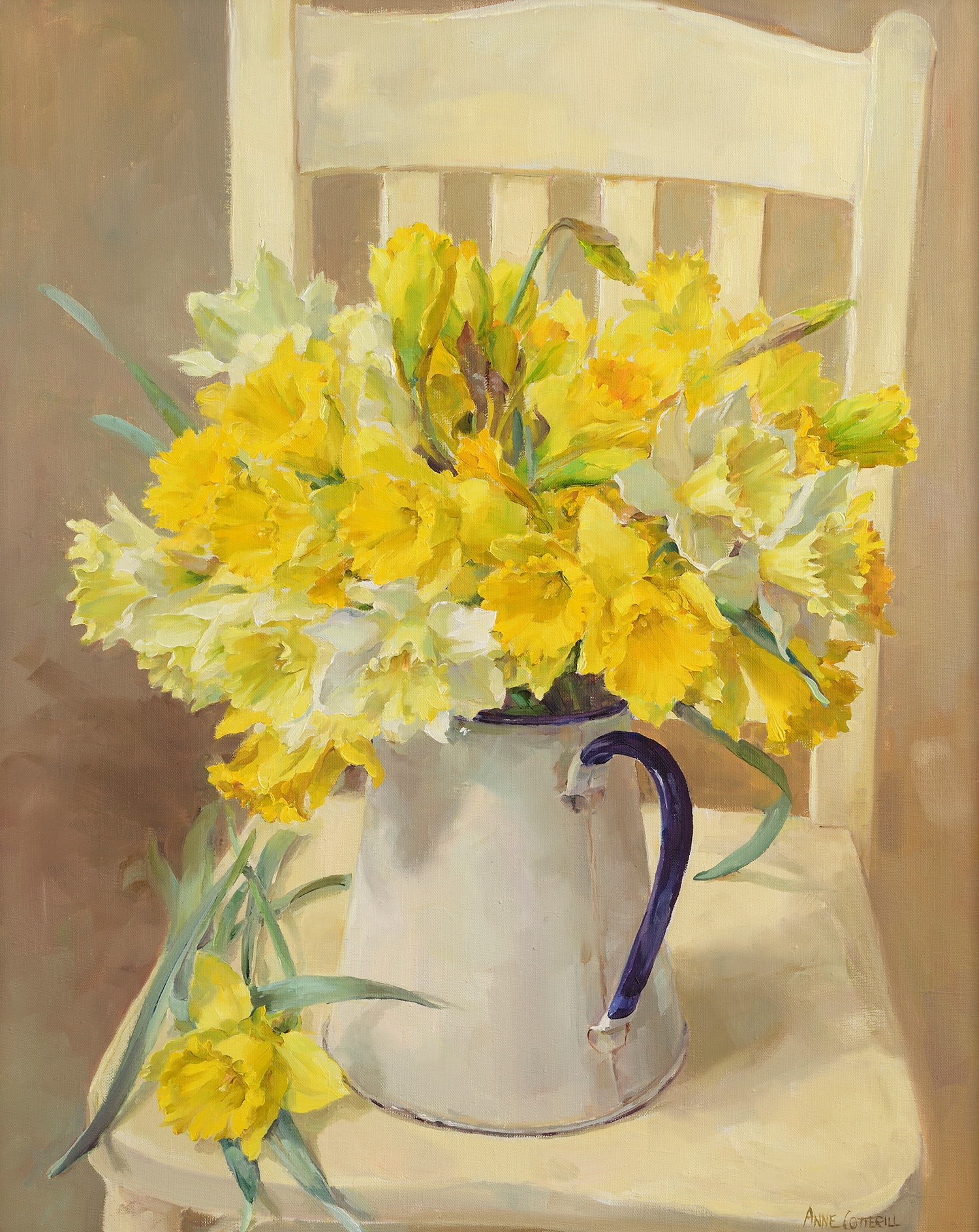 Anne Cotterill, Daffodils in Enamel Jug on Chair | Thompson's Gallery