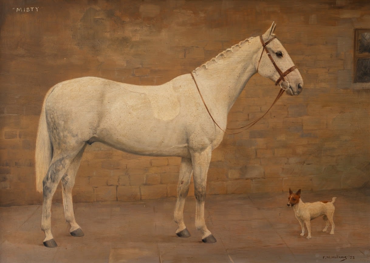 Florence Mabel Hollams, Portrait of a grey horse Misty with a terrier ...