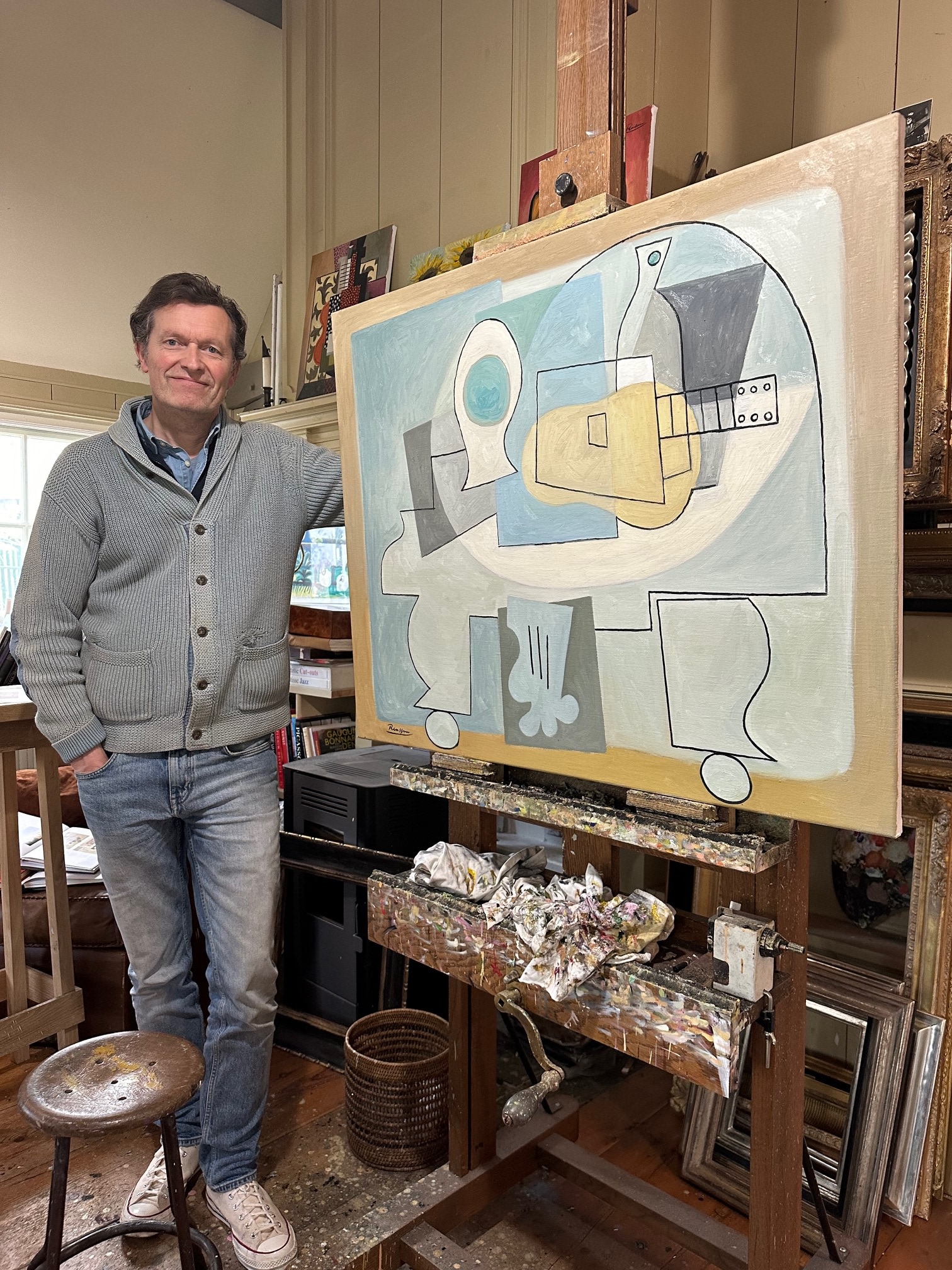 Erik Renssen, Still life with guitar, bottle, glass and piano, 2024 ...