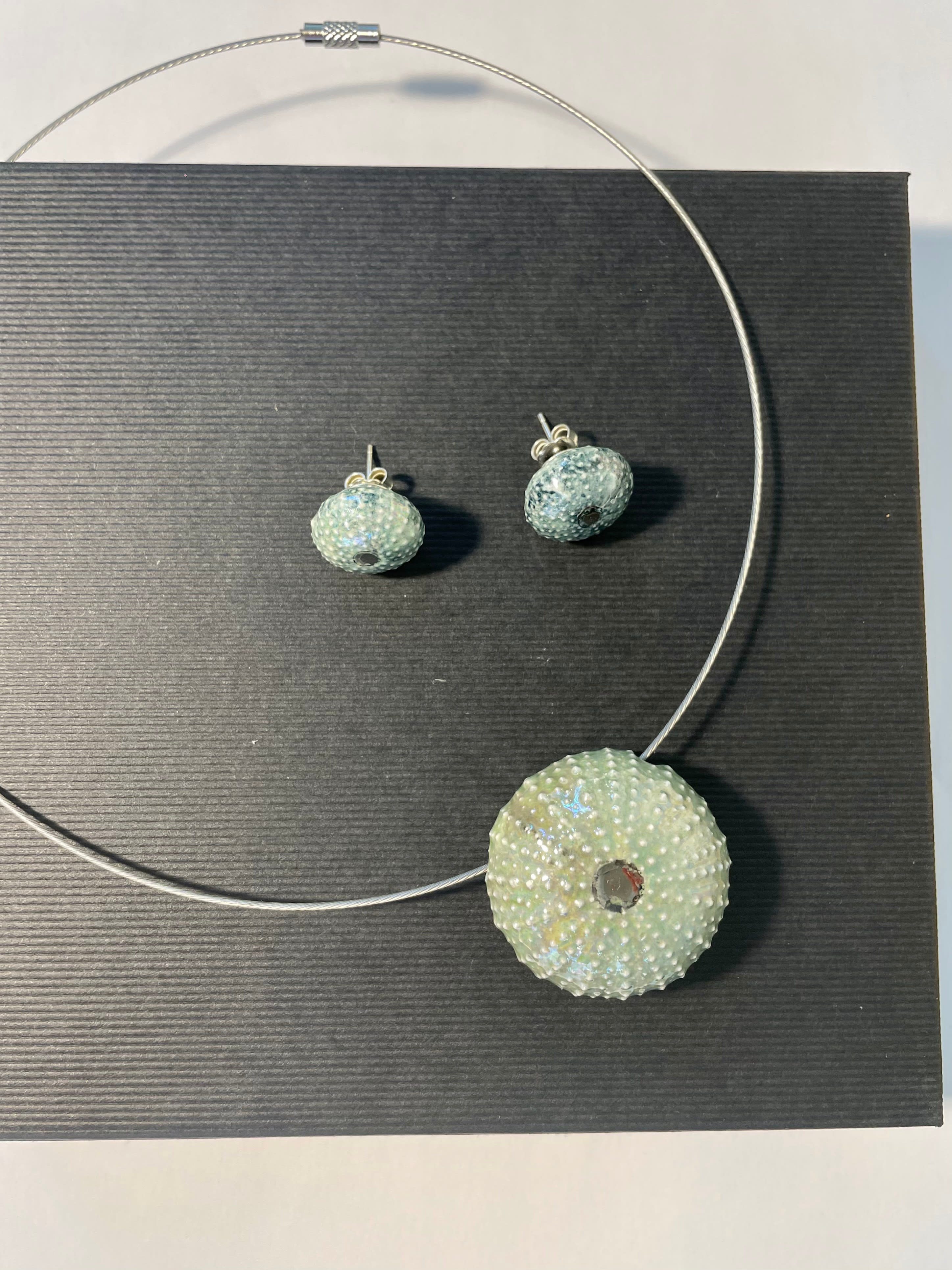 Delfina Emmanuel, Sea Urchin Pendant & Earring Set - Jade with White ...