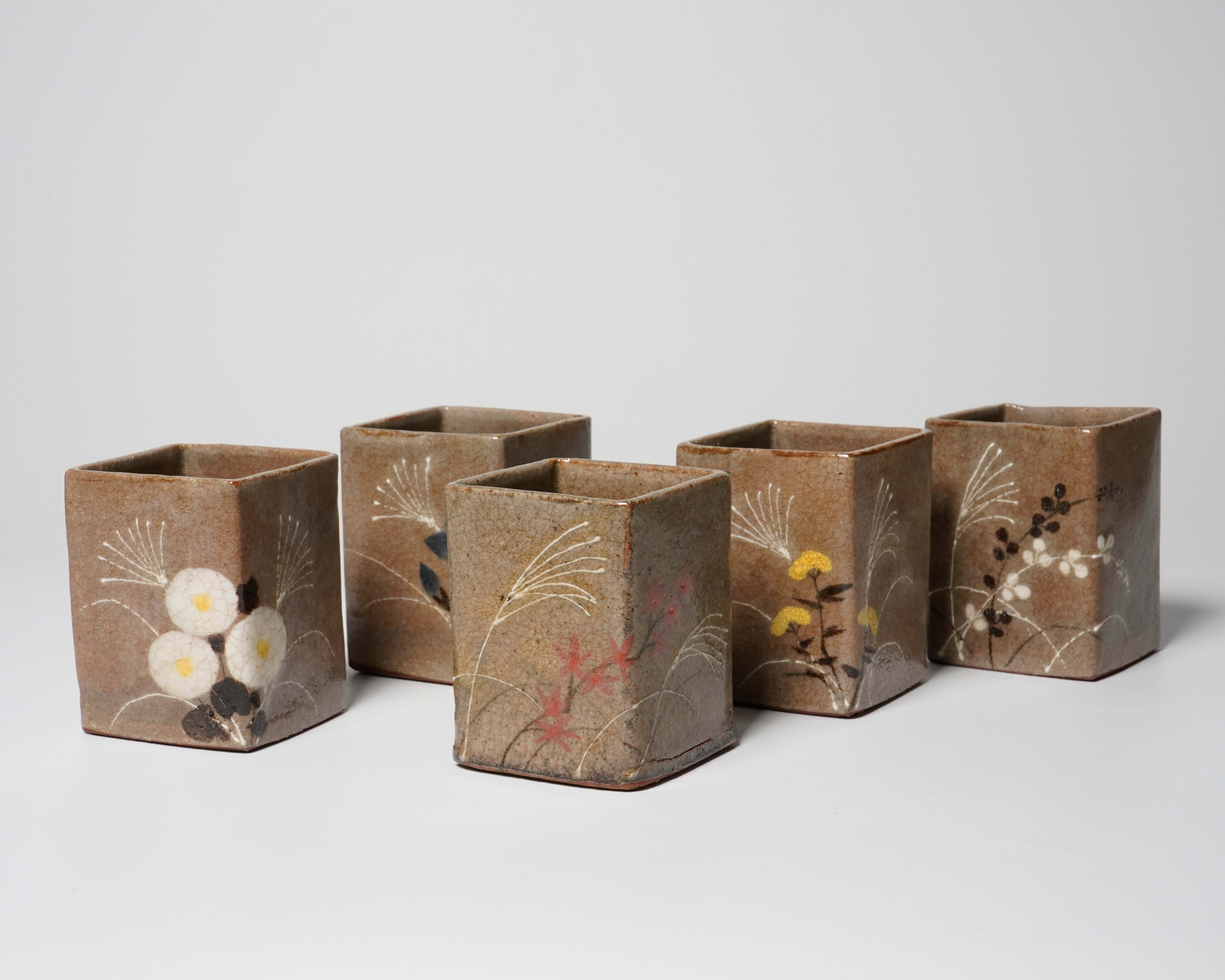 Ogata Kenzan 尾形 乾山, 5 Mukozuke with Floral Designs 色繪花模様向附 五客, Mid-Edo ...