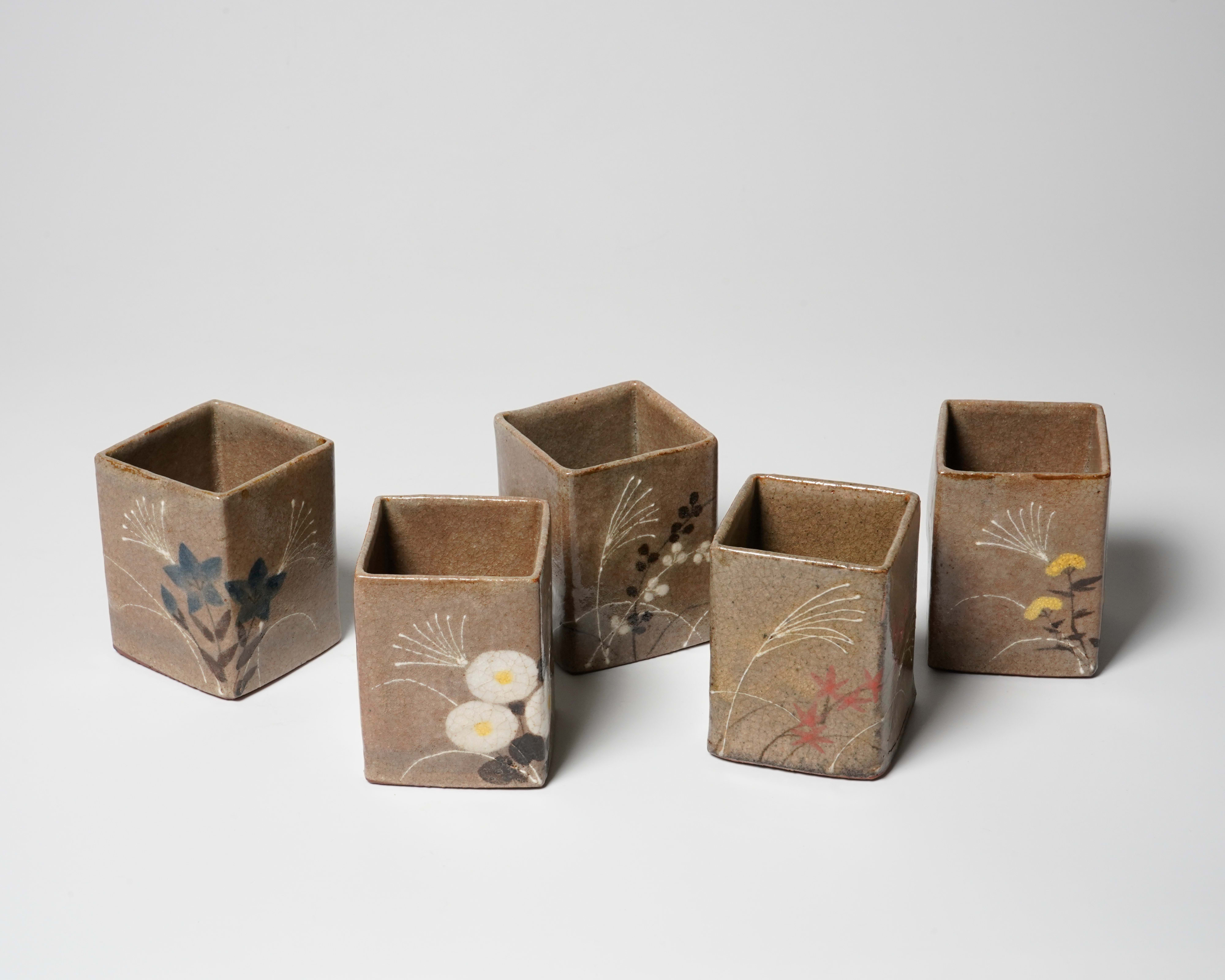 Ogata Kenzan 尾形 乾山, 5 Mukozuke with Floral Designs 色繪花模様向附 五客, Mid-Edo ...