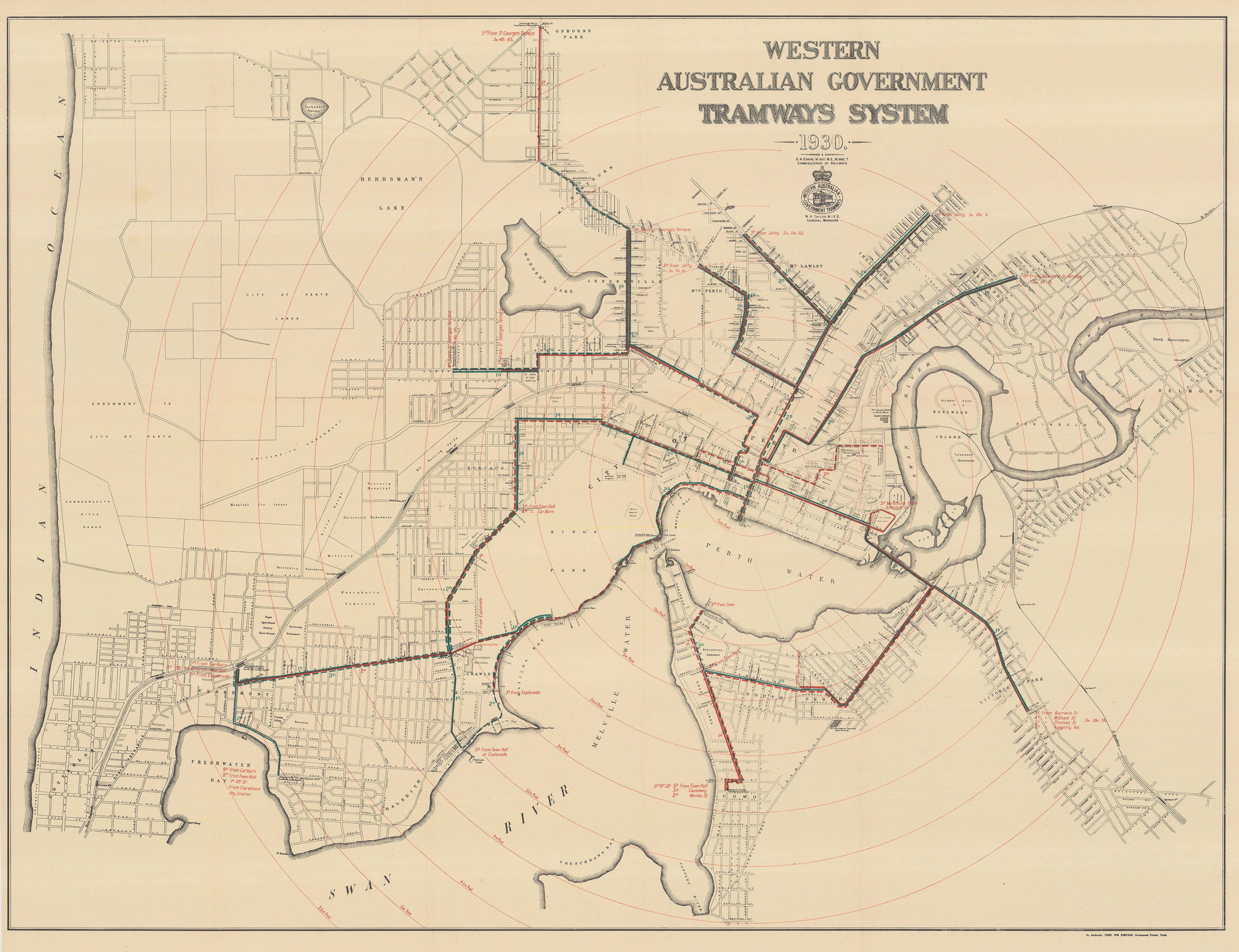 Frederick William Simpson, Electric Tramway map of Perth, 1930 | The ...