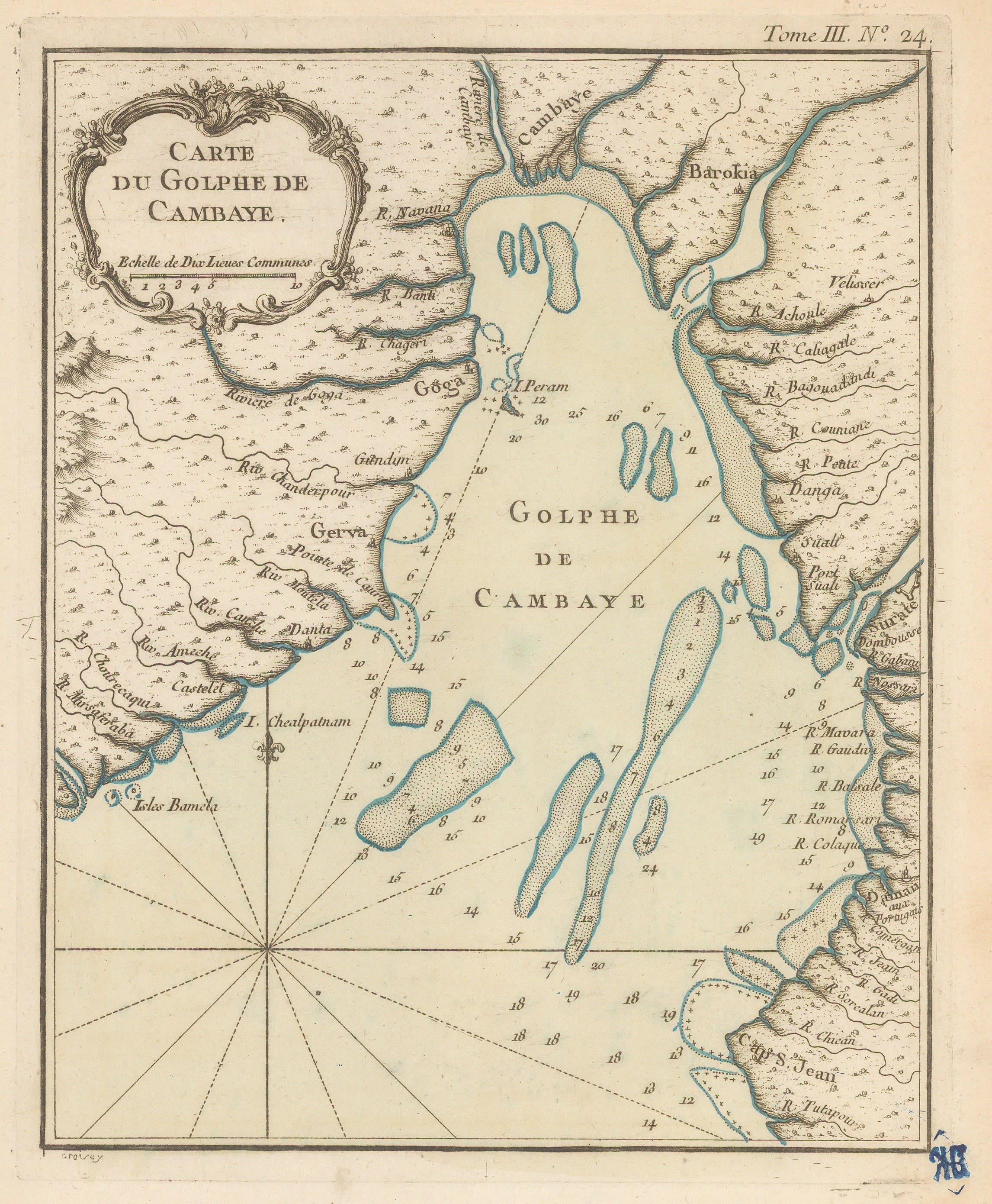 Jacques-Nicolas Bellin, Chart of the Gulf of Khambhat (Cambay), 1764 ...