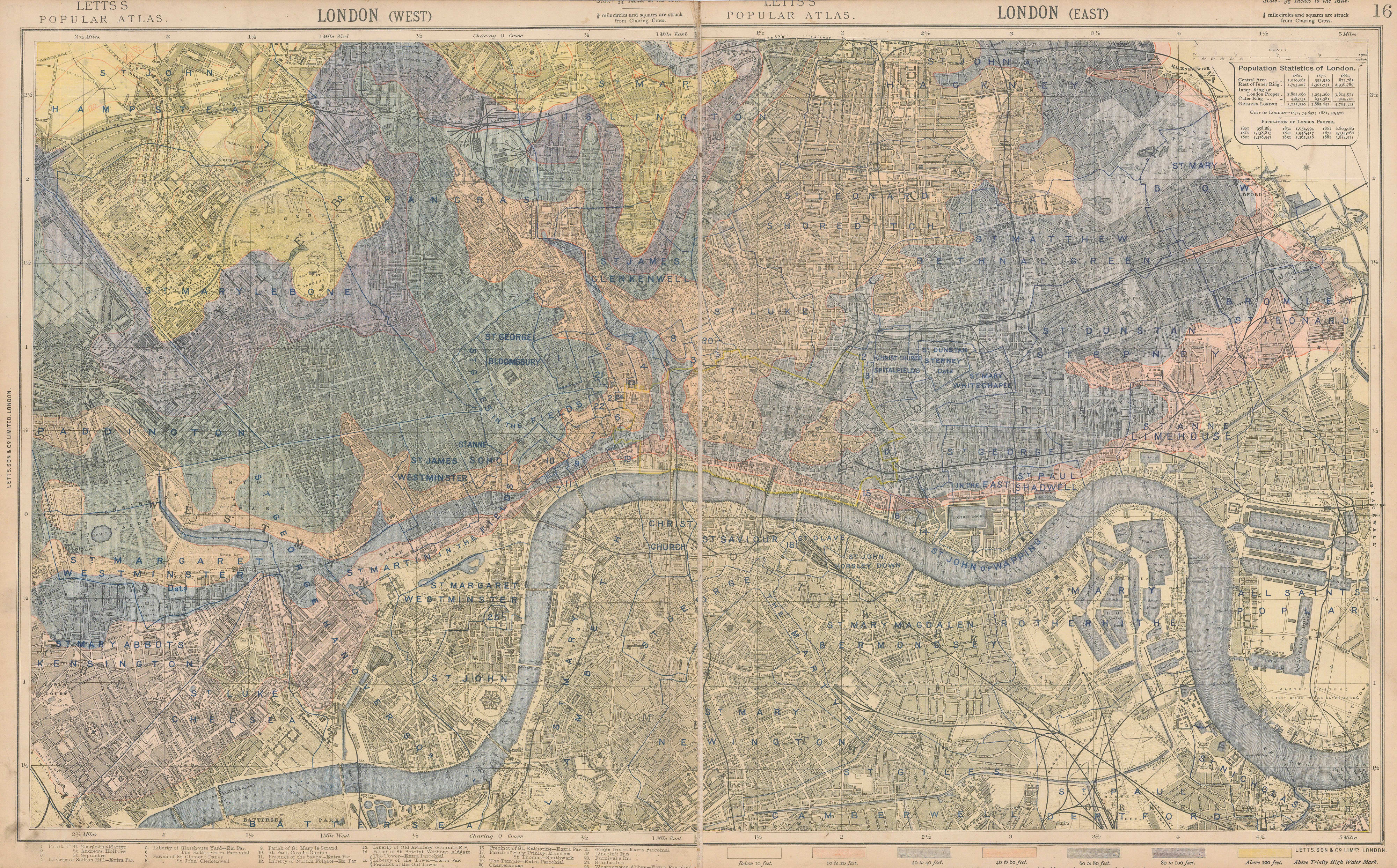 Letts & Son, Elevation Map of London, 1885 c | The Map House