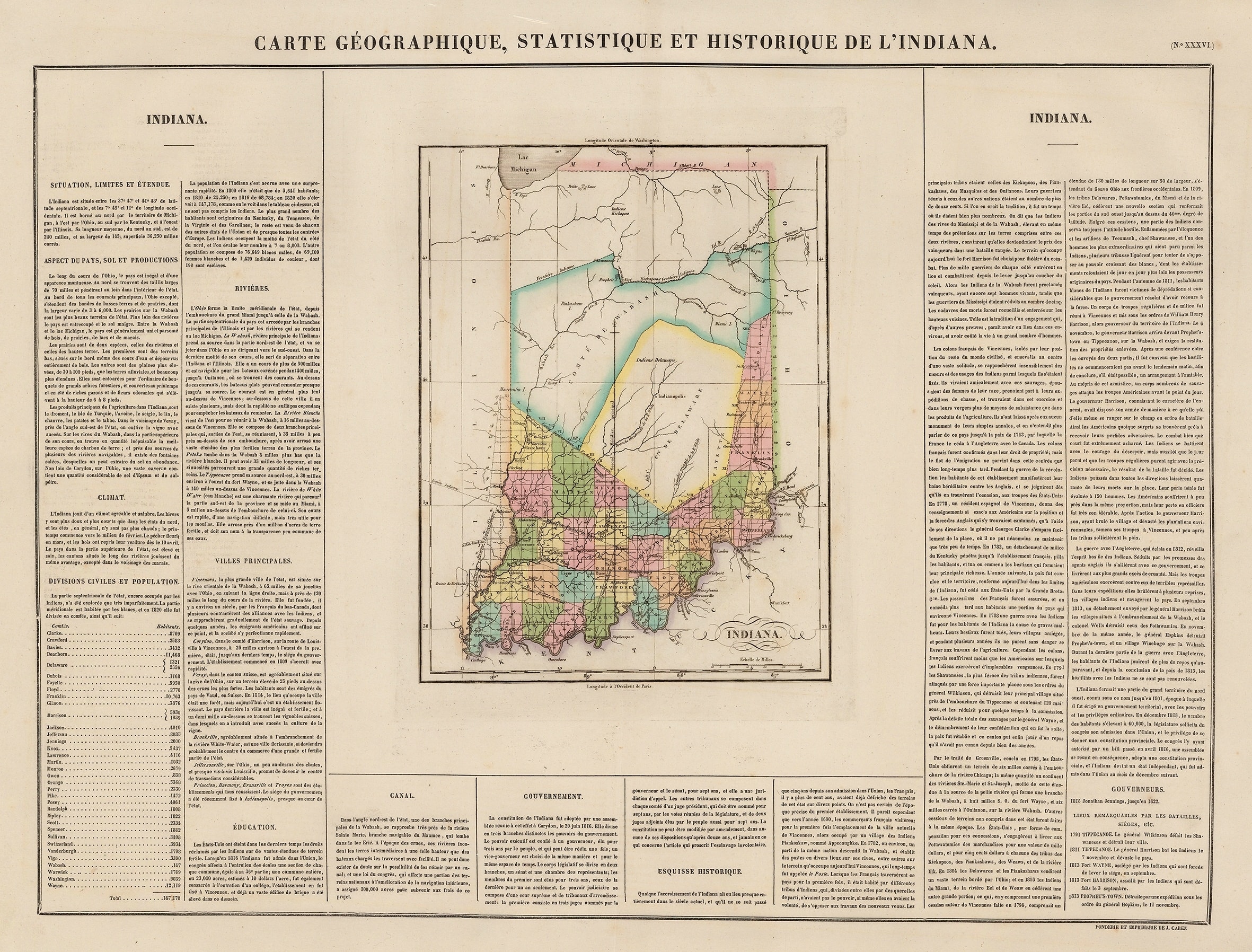Jean Buchon, Geographical, Statistical and Historical map of Indiana ...