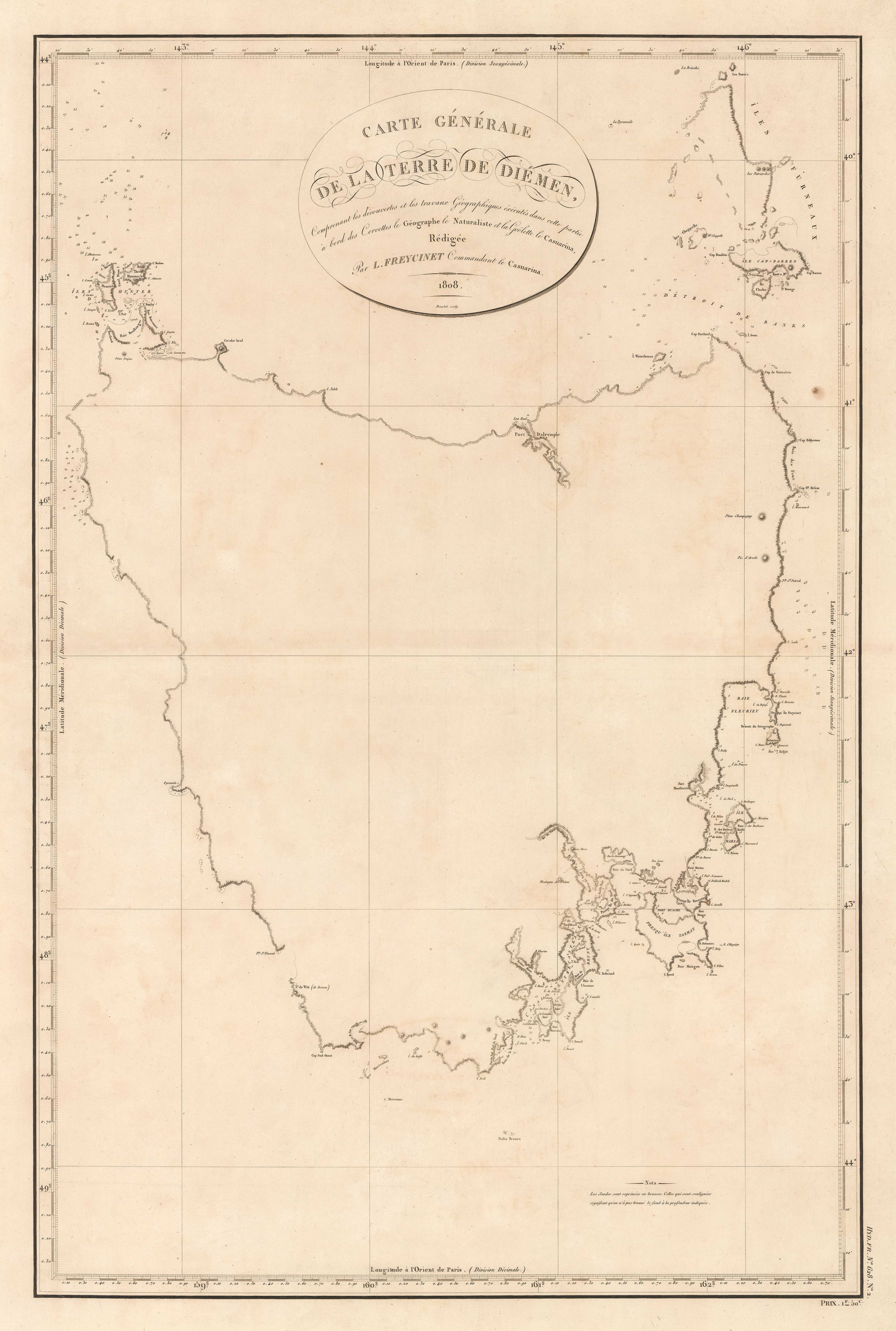 Louis-Claude de Freycinet, Chart of Tasmania, 1811 | The Map House