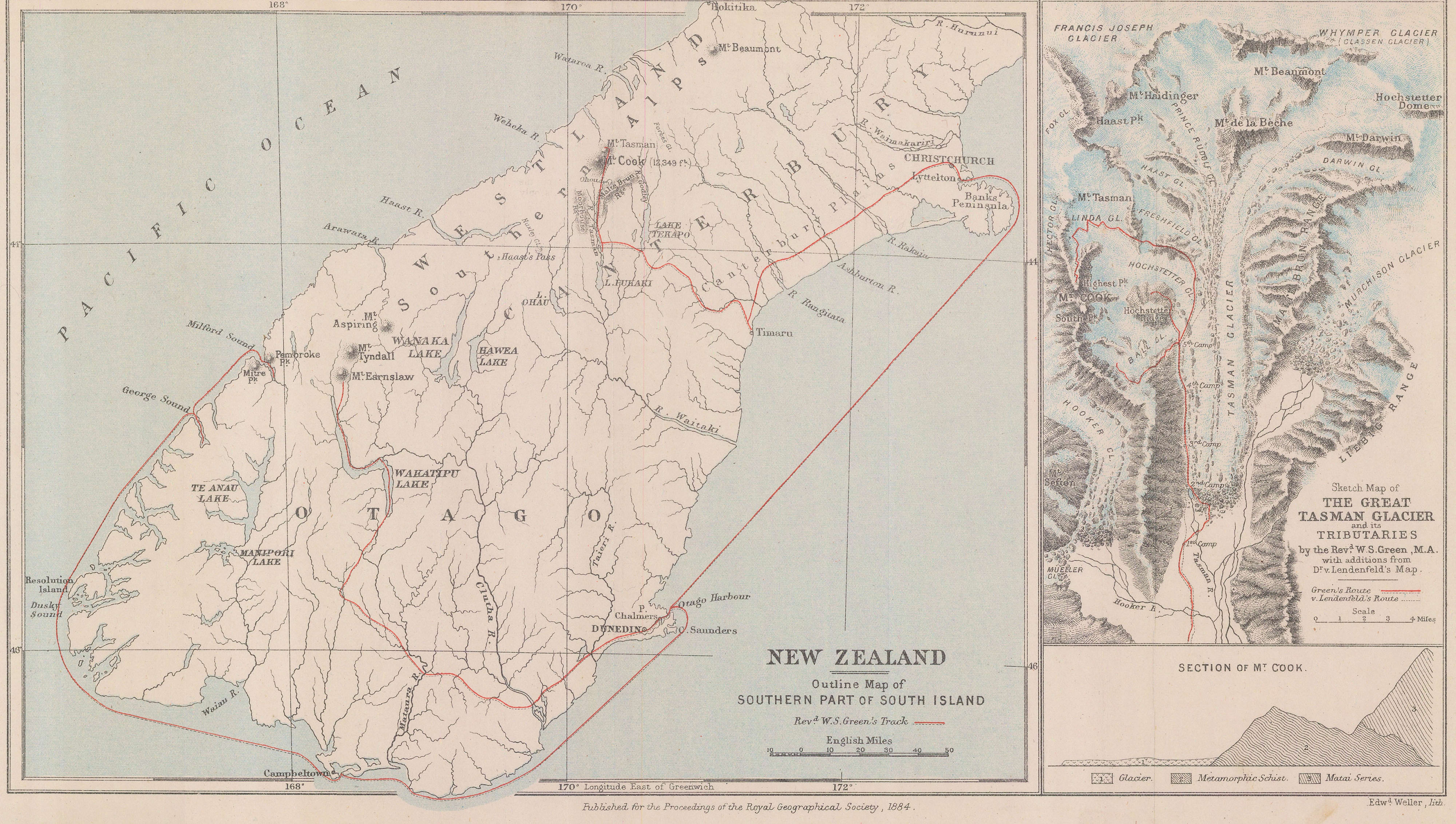 Royal Geographical Society (RGS), New Zealand - Outline Map of Southern ...