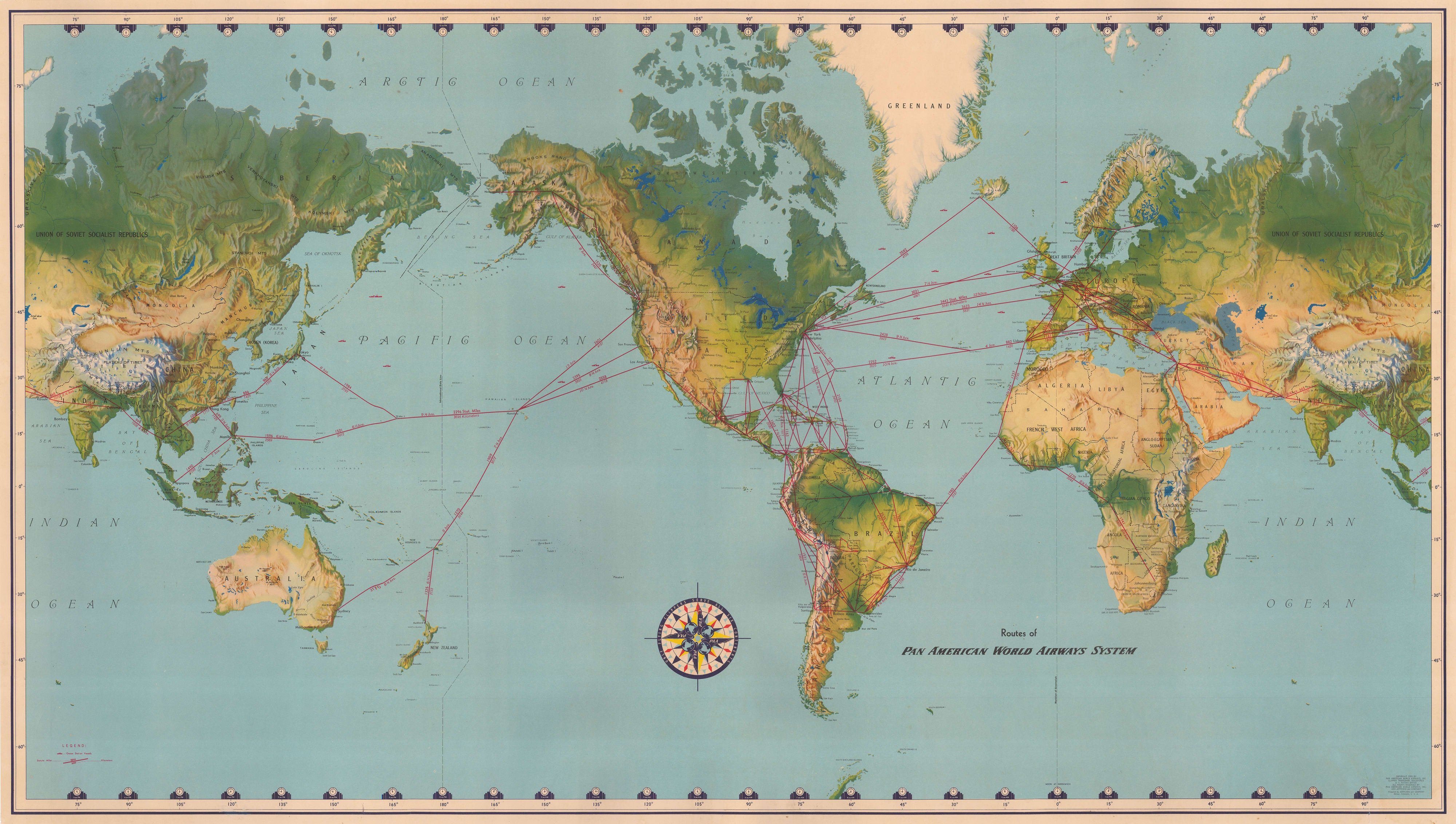 Pan Am Airways, Routes of Pan American World Airways System, 1951 | The ...