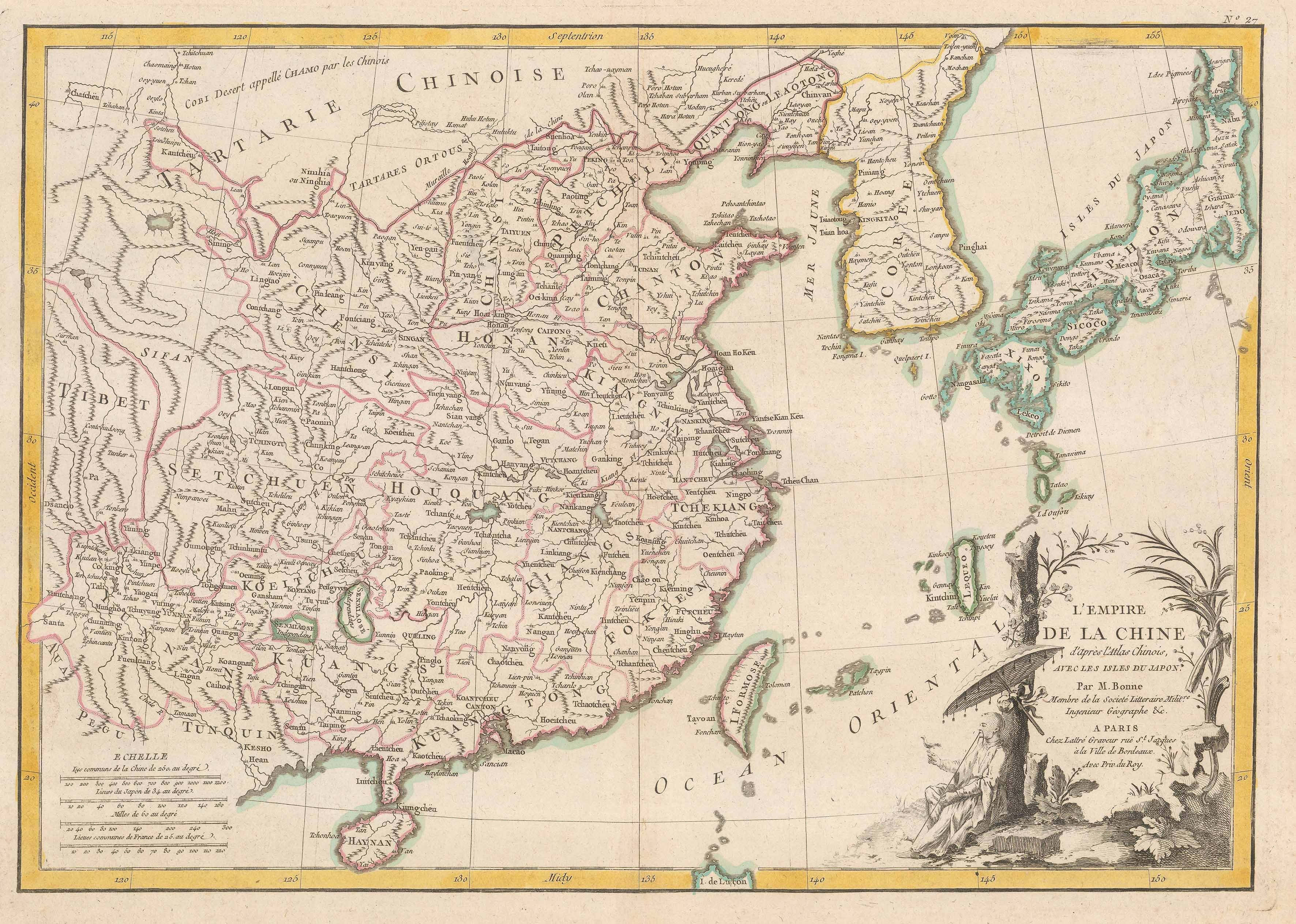 Rigobert Bonne, Chinese Empire, Korea, and Japan, 1780 c. | The Map House