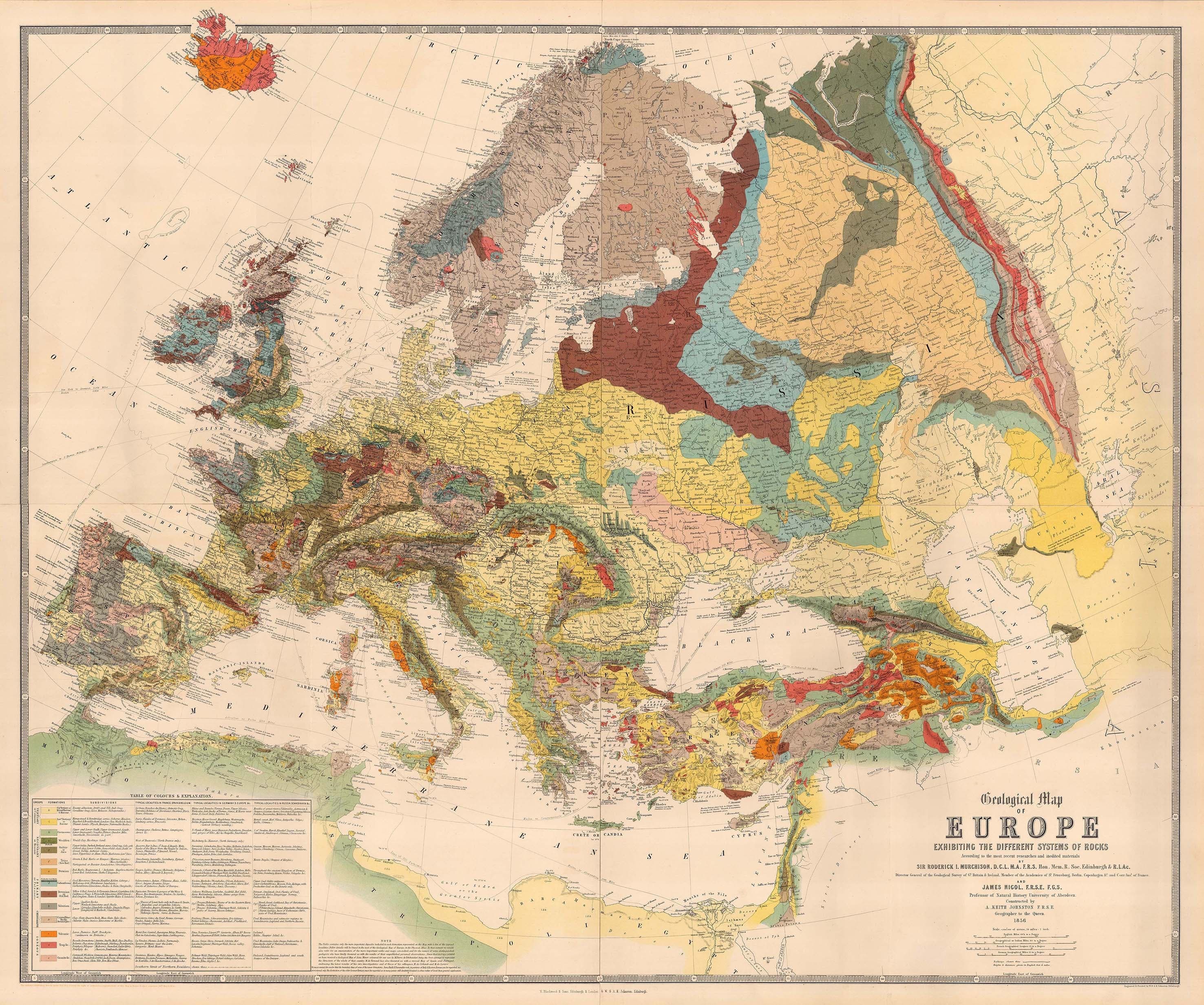 W. & A.K. Johnston, Geological Map of Europe, 1856 | The Map House