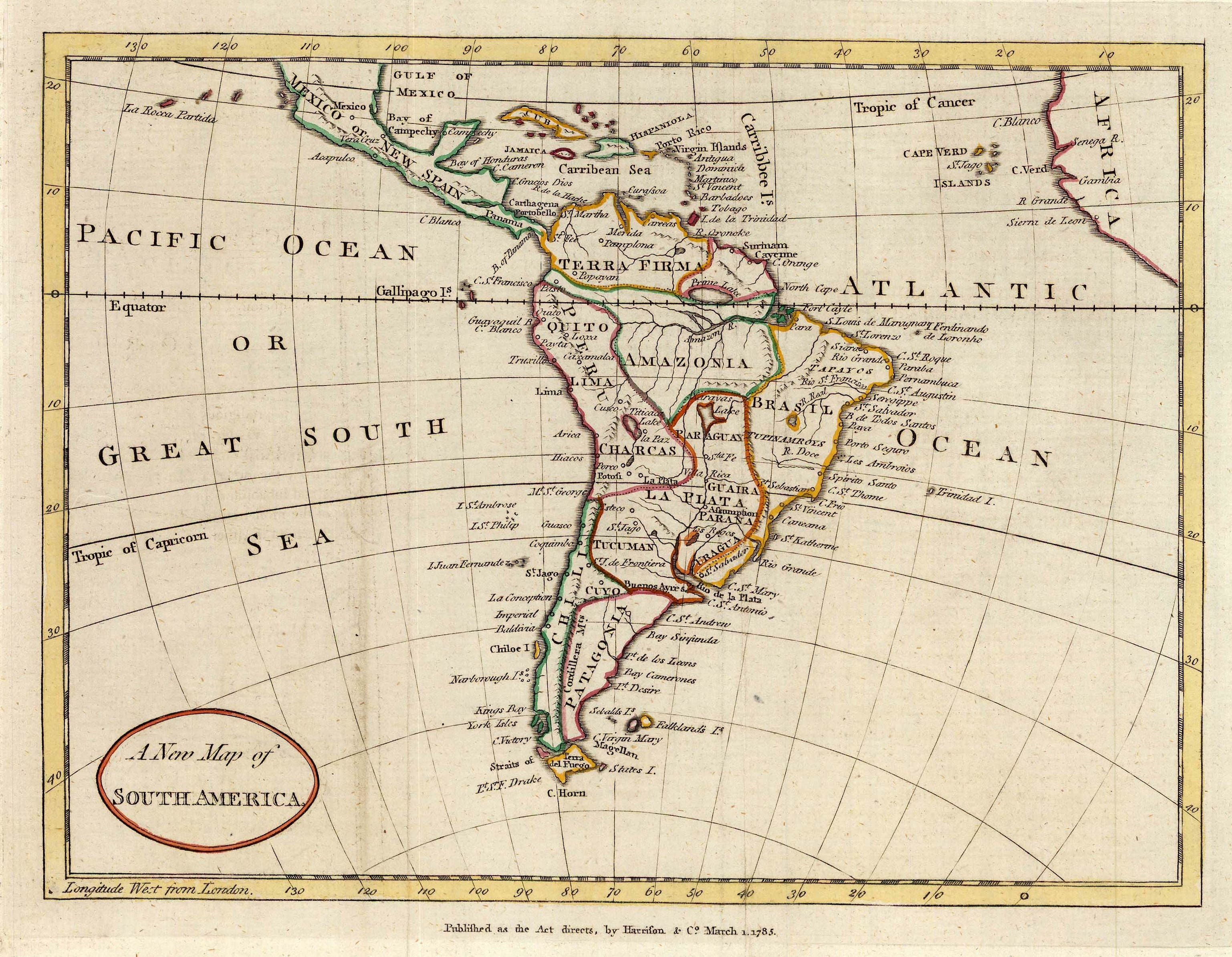 John Harrison, South America with political divisions, 1785 | The Map House