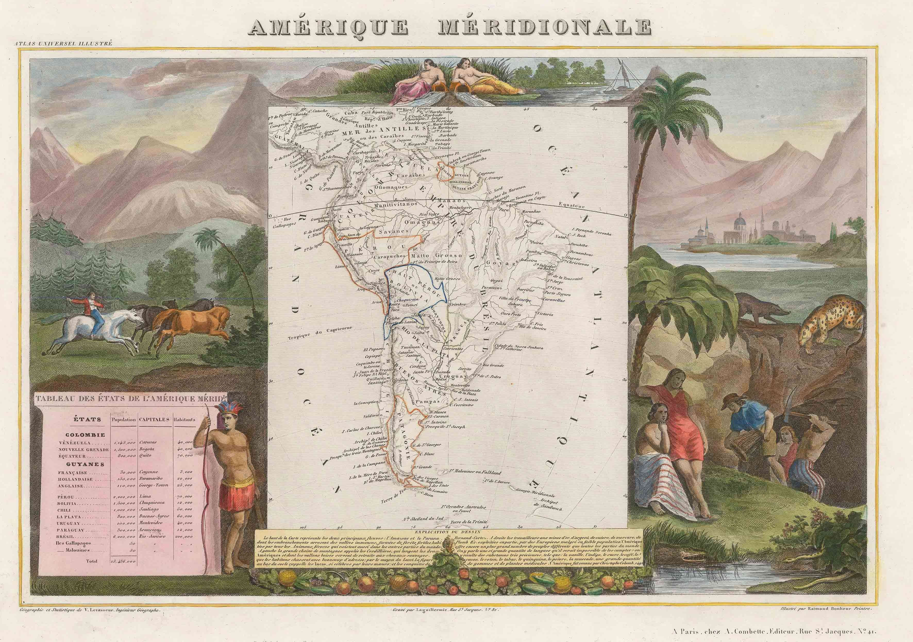 Victor Levasseur, Decorative map of South America, 1847 | The Map House
