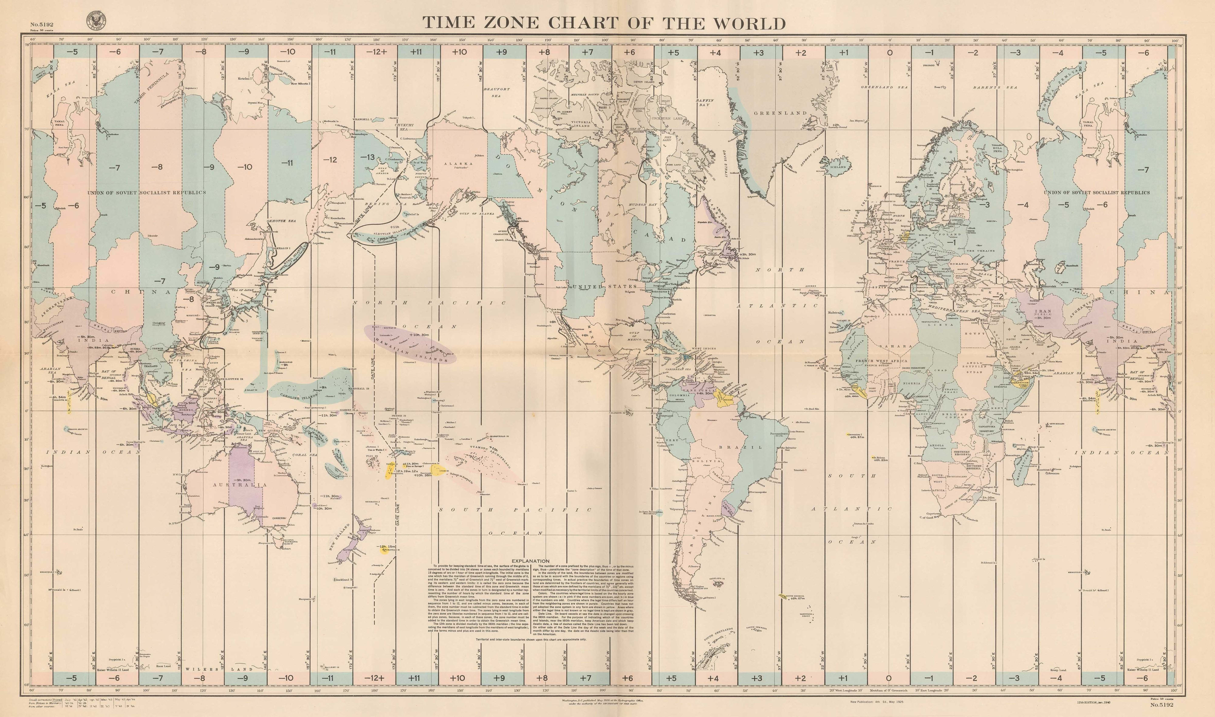 United States Hydrographic Office, Time Zone Chart of the World, 1944 ...