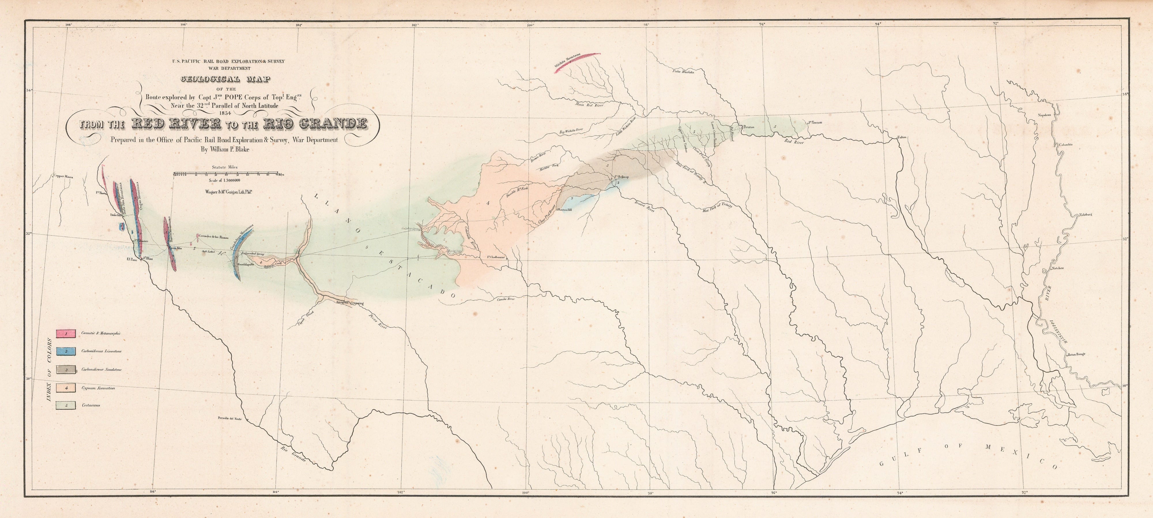 William P. Blake, Geological Map from the Red River to the Rio Grande ...
