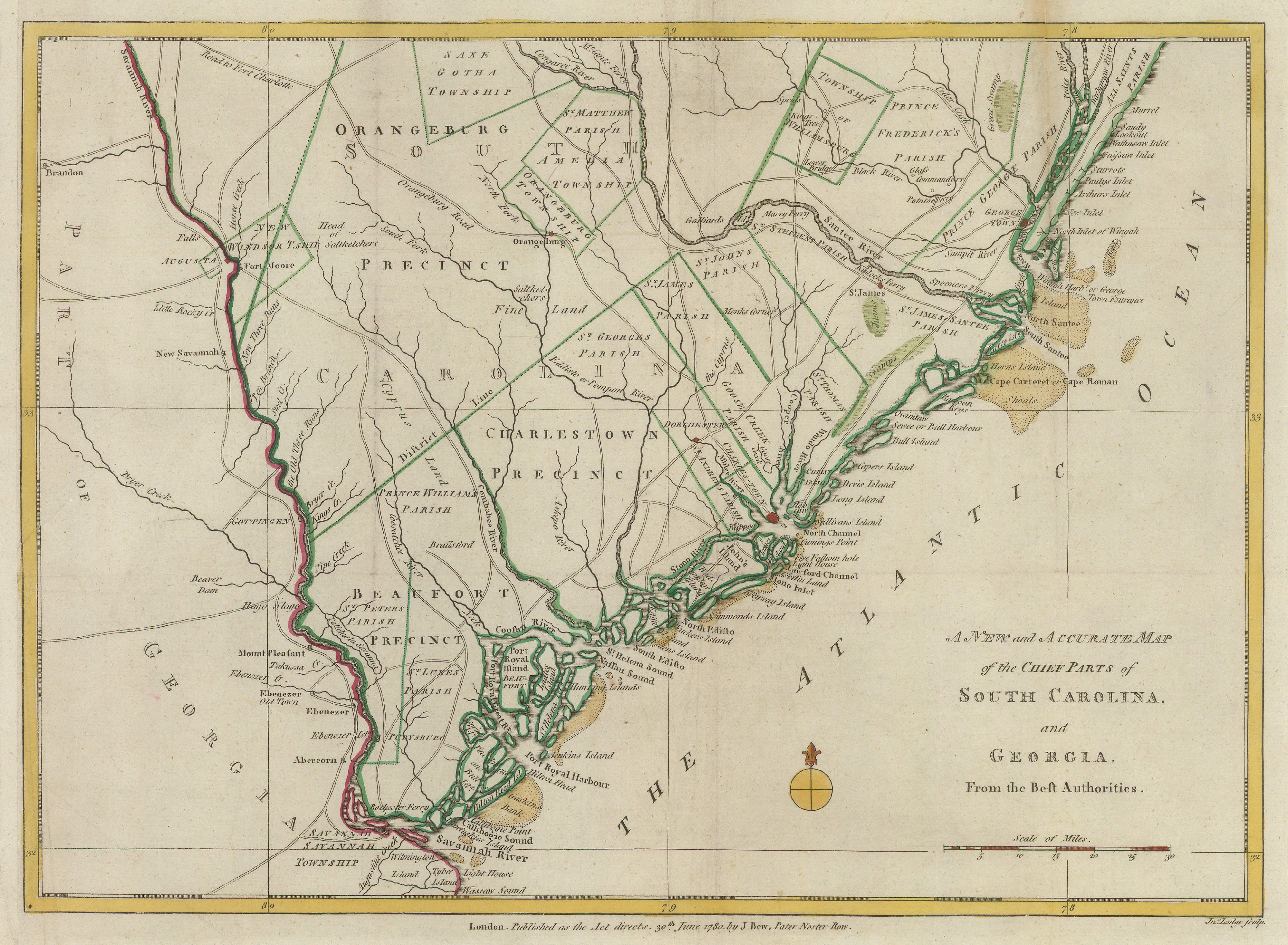 John Bew, A New and Accurate Map of the Chief Parts of South Carolina ...