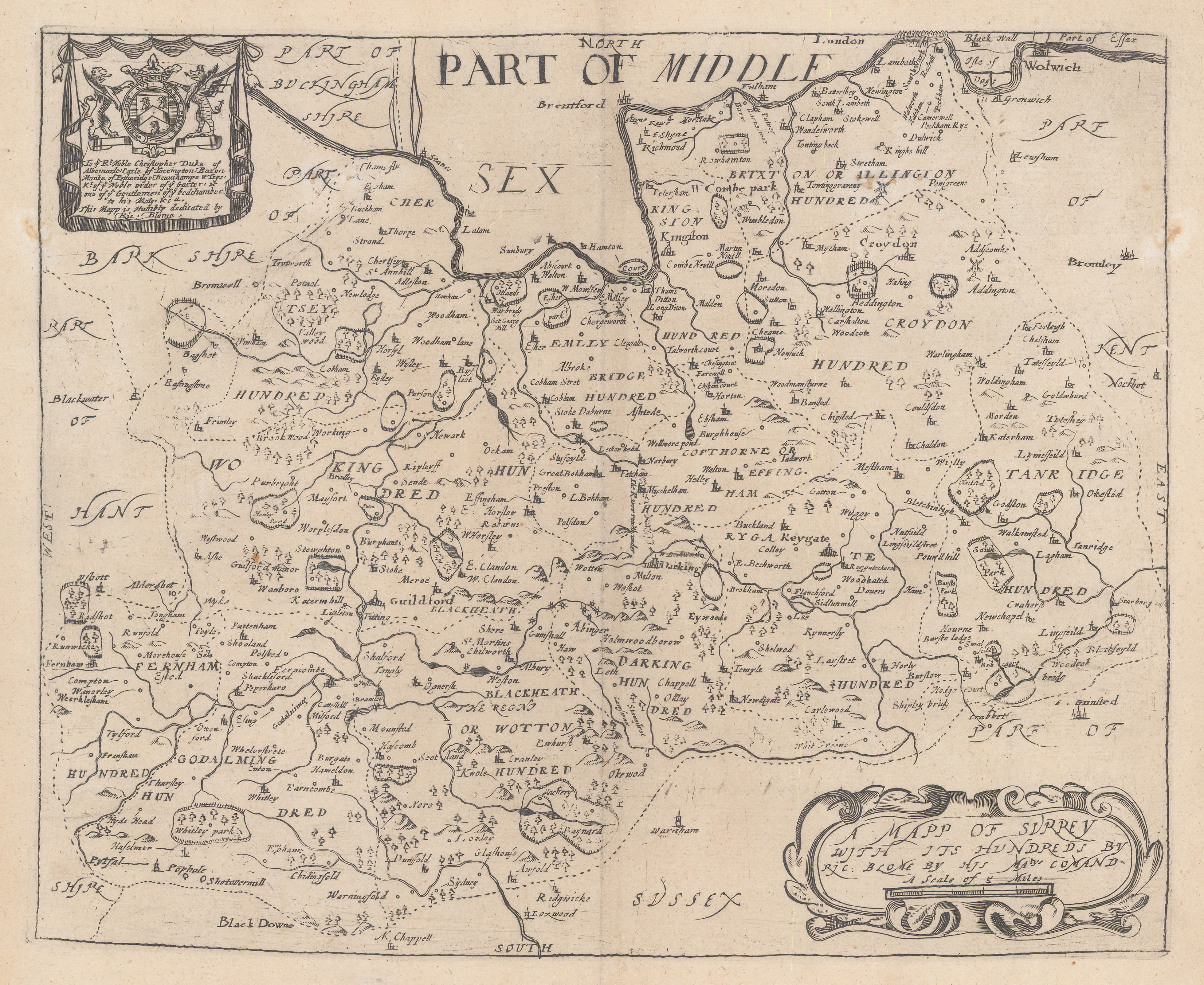 Richard Blome, A Mapp of Surrey with its Hundreds, 1673 | The Map House